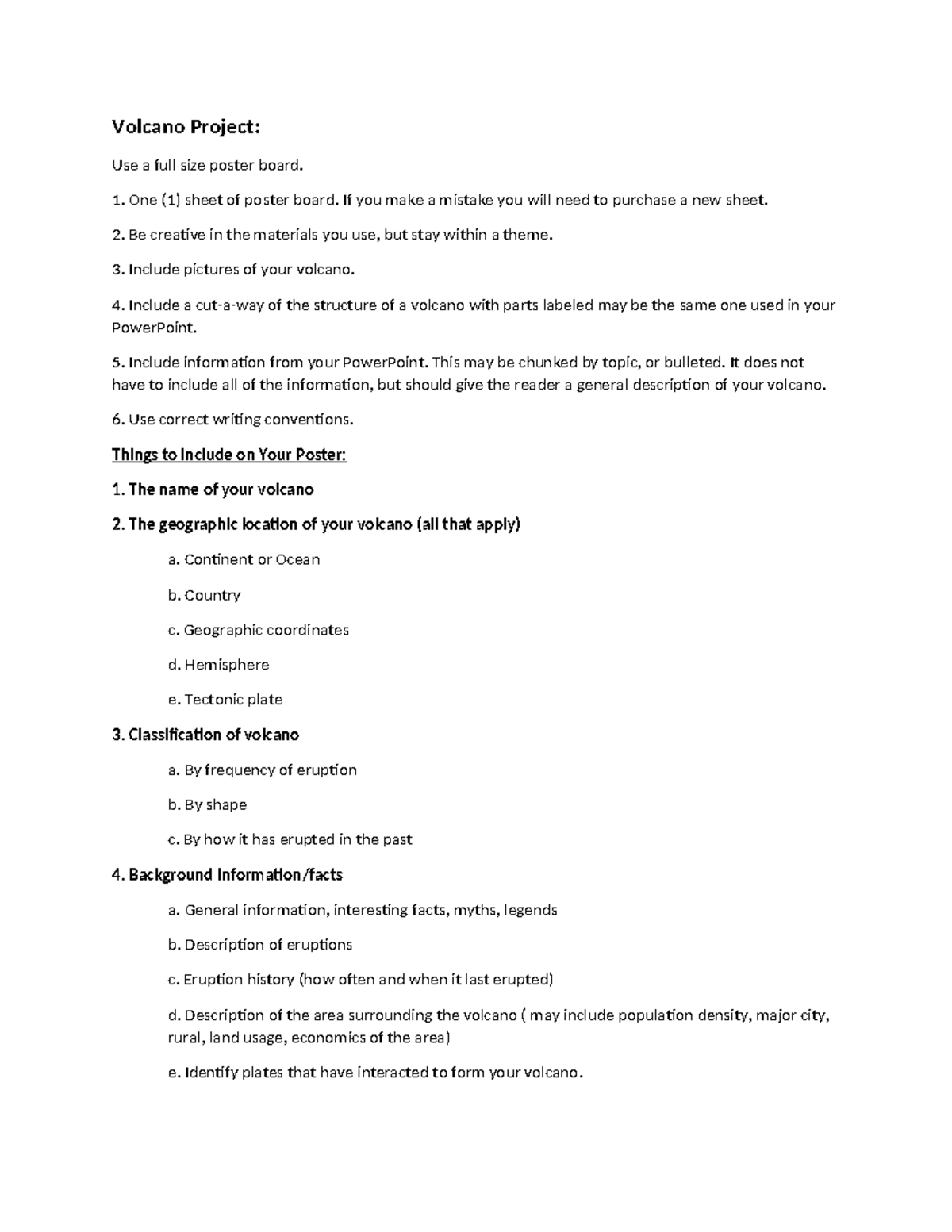 Volcano Project Rubric - Volcano Project: Use a full size poster board ...