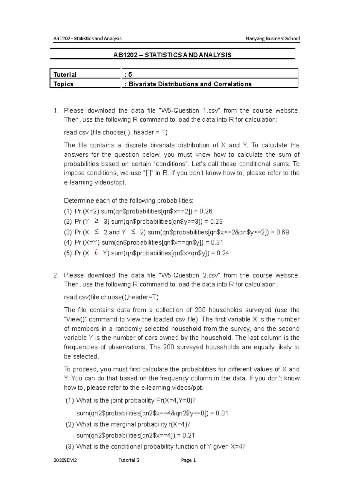 Questions week 5 - AB1202 - Statistics and Analysis Nanyang Business ...