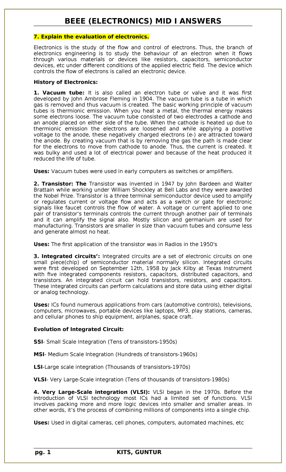 2024-25 BEEE Assignement II Material - BEEE (ELECTRONICS) MID I ANSWERS 3. Explain how the ...