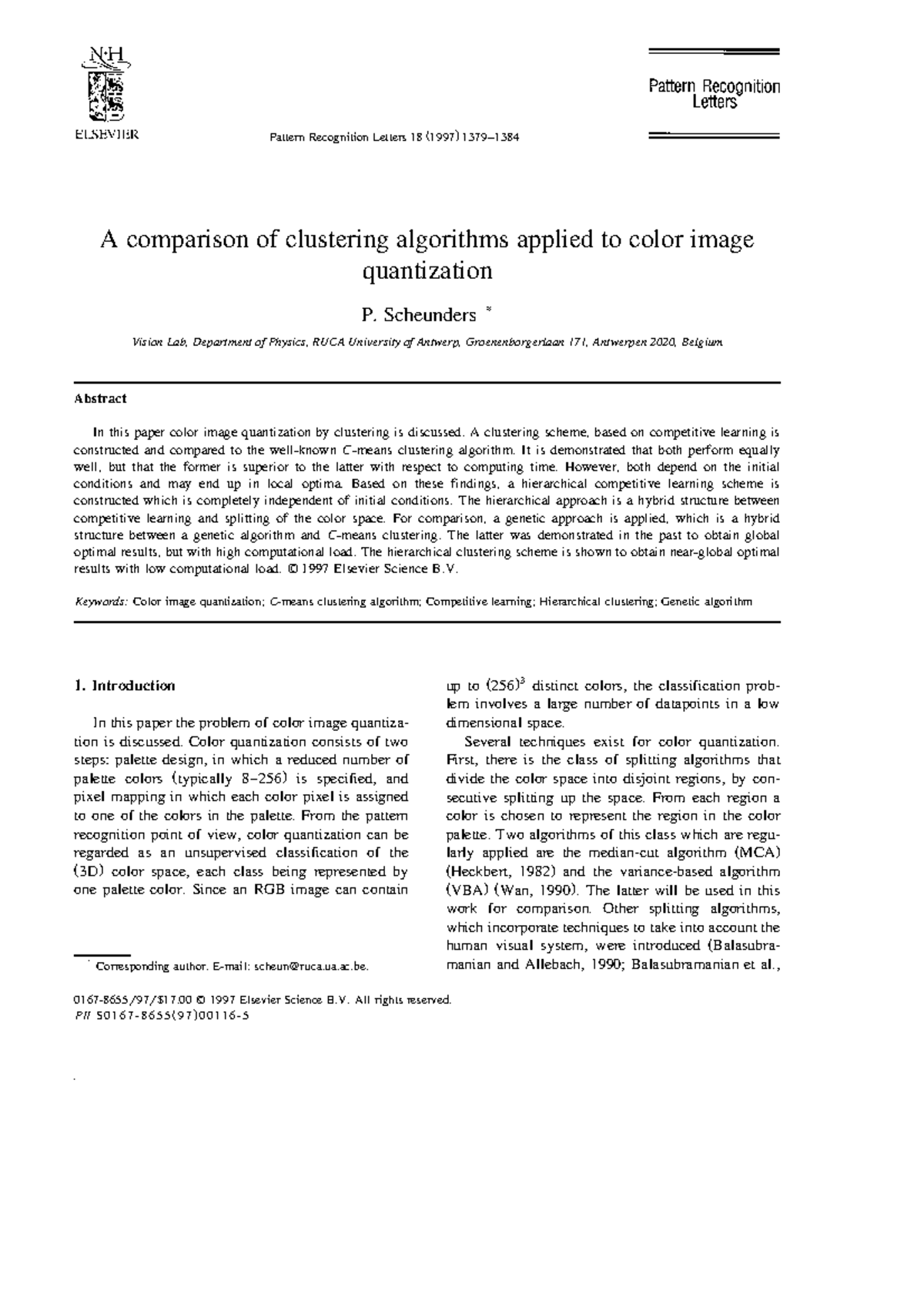 1997 Scheunders A Comparison Of Clustering Algorithms Applied To Color Image Quantization