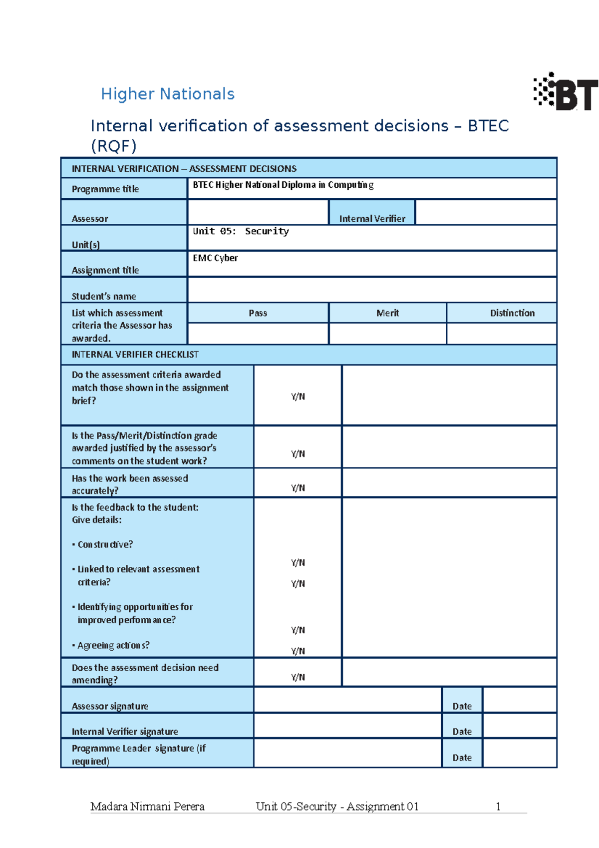Higher National 1 - notes - Higher Nationals Internal verification of ...