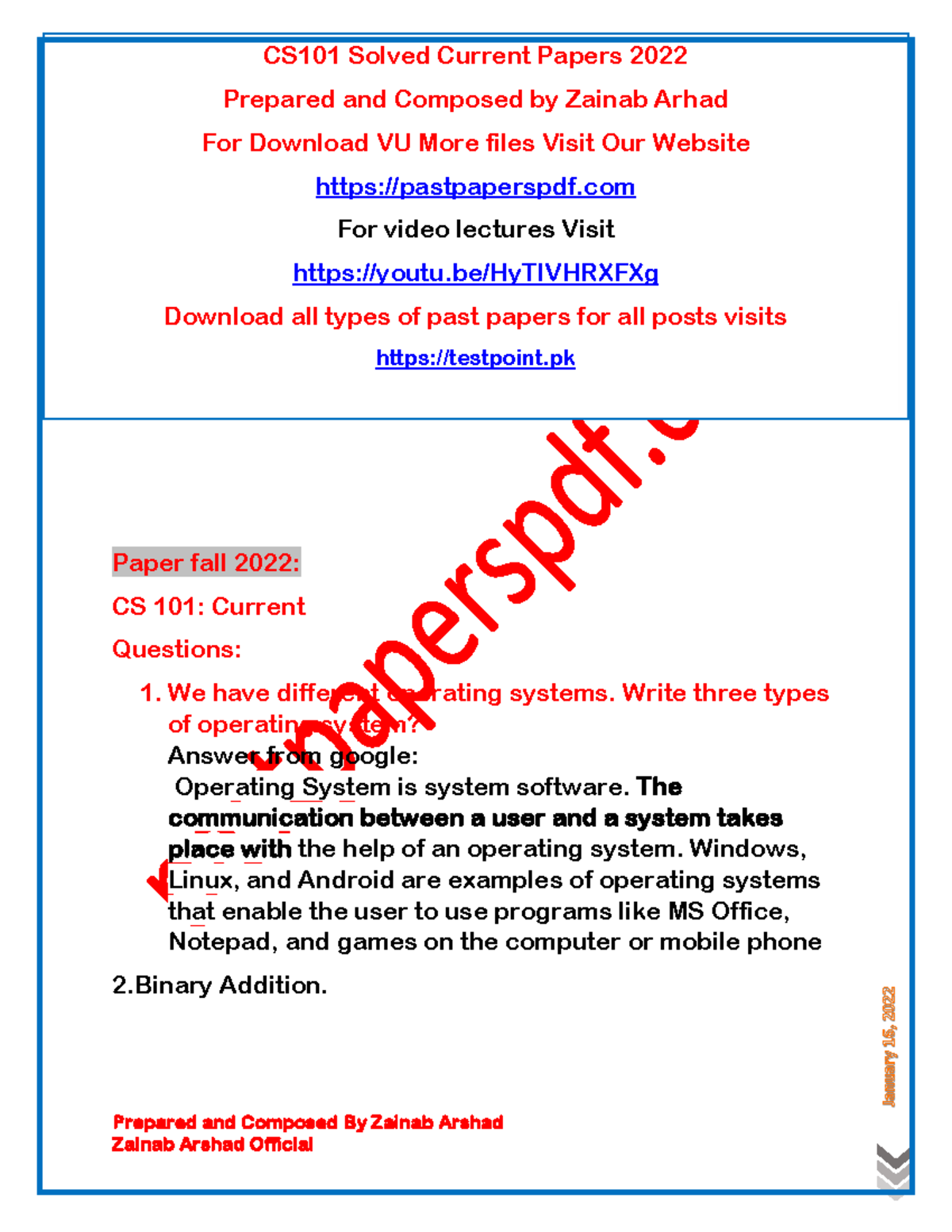 CS101 Question - Prepared and Composed By Zainab Arshad Prepared and composed by Zainab Arshad ...