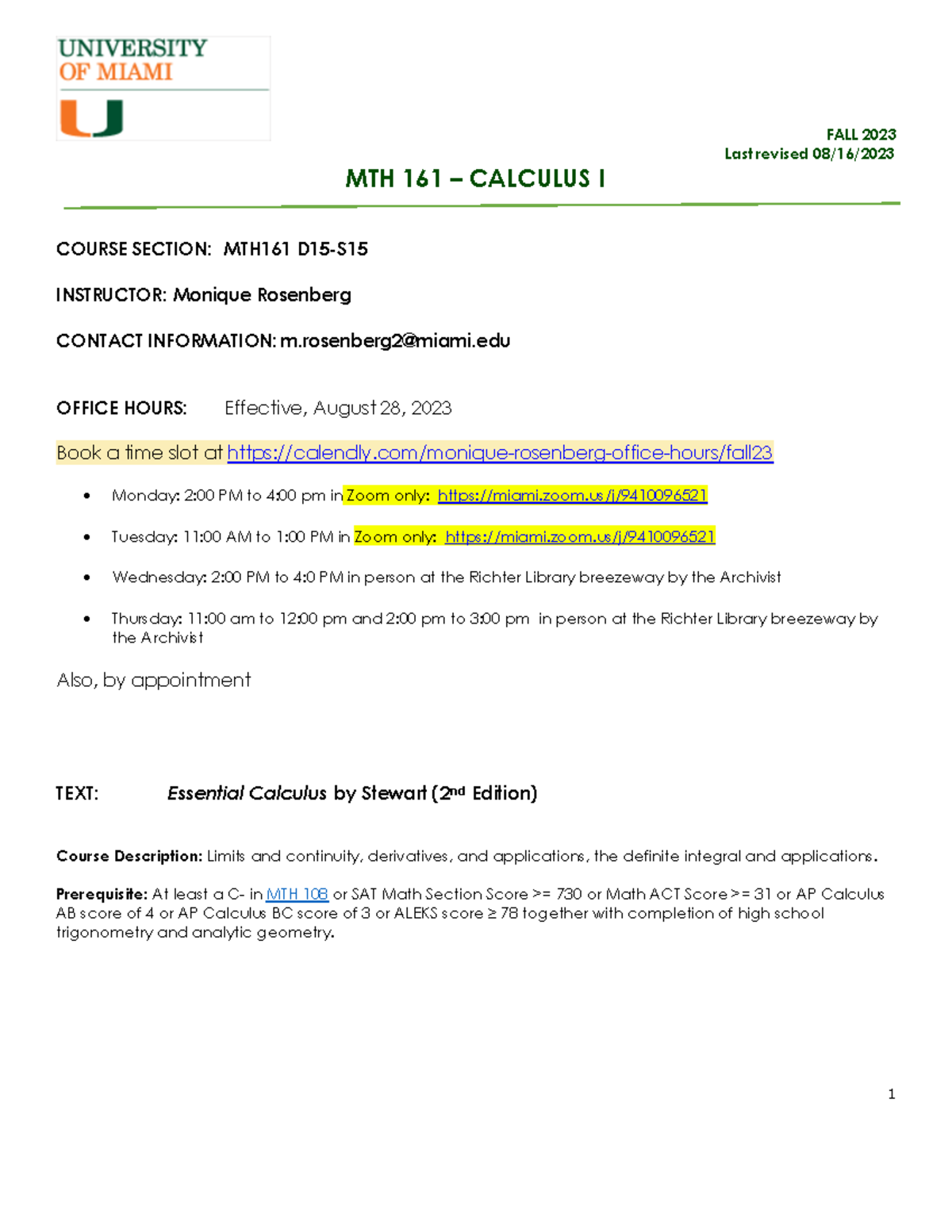 MTH 161 D15 Syllabus - ####### FALL 2023 ####### Last revised 08/16 ...