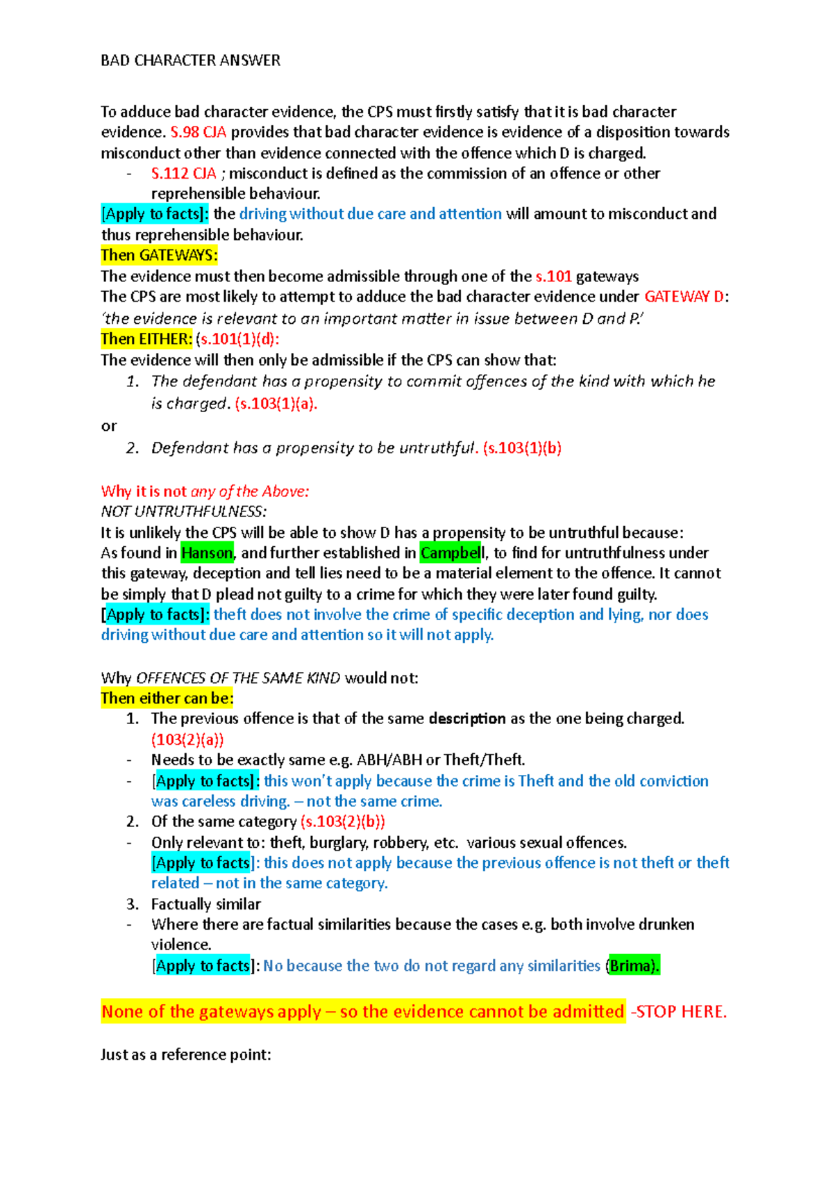 Bad character evidence answer plan - structure for assignments - BAD ...
