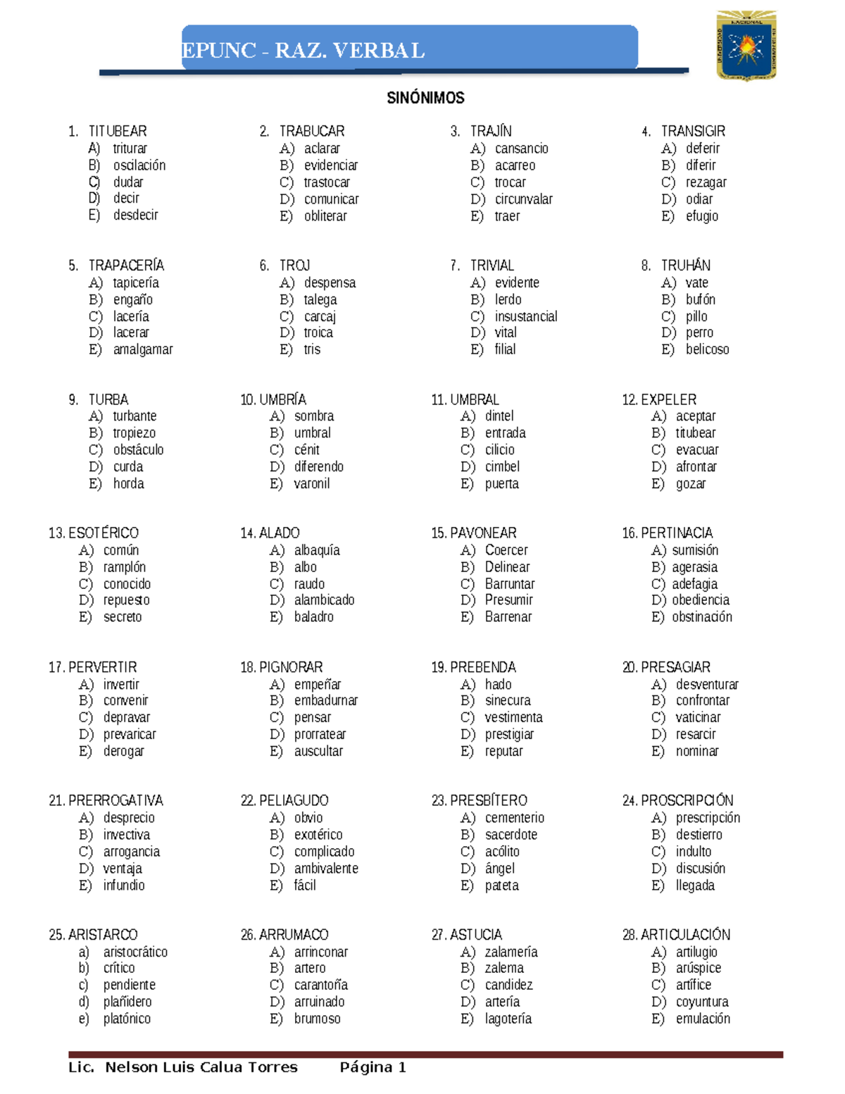 Miscelánea - Sinónimos Y Antónimos - CEPUNC - RAZ. VERBAL SINÓNIMOS 1 ...