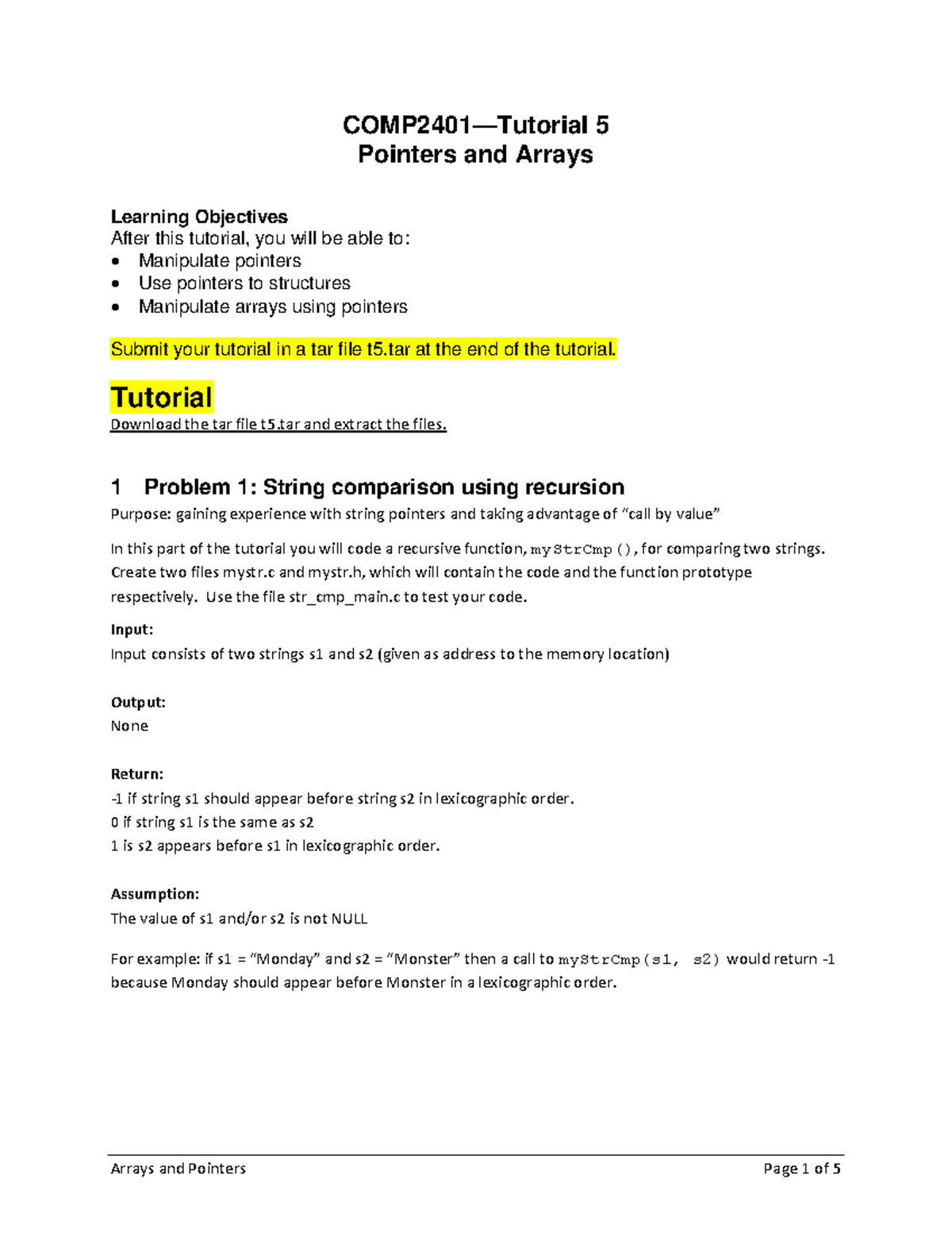 T5-Specification - Tutorial - COMP2401—Tutorial 5 Pointers and Arrays Learning Objectives After ...