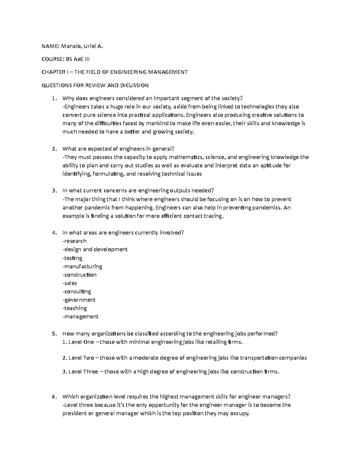 Eng management chapter 1 answer keys - NAME: Manalo, Uriel A. COURSE ...