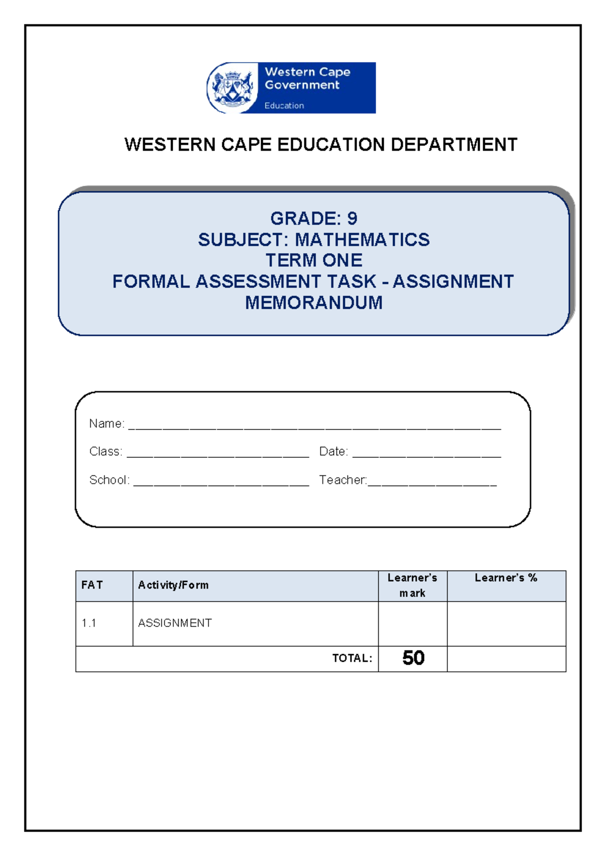 Gr 9 Maths Memorandum Assignment Term 1 - WESTERN CAPE EDUCATION ...
