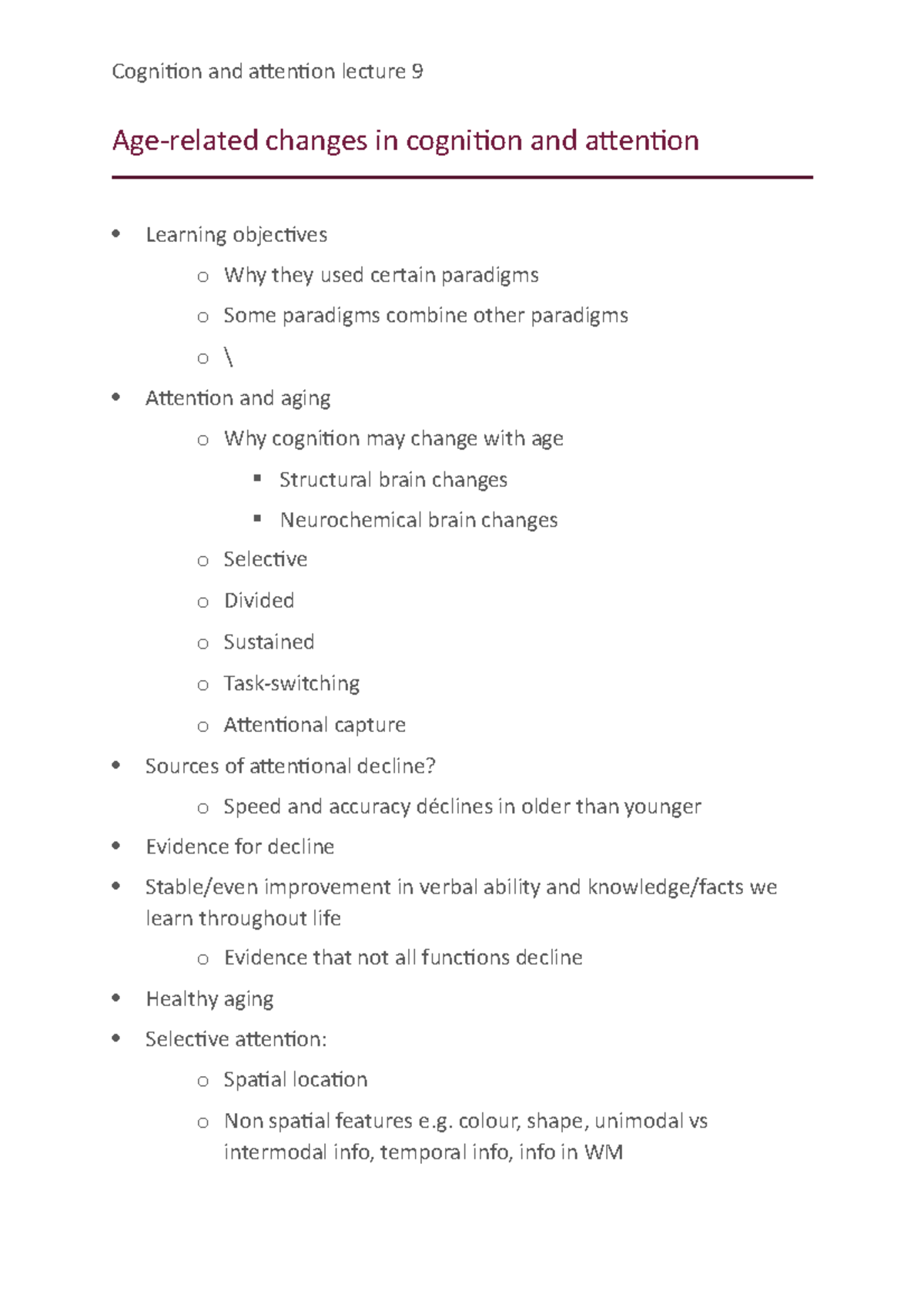 Lecture 9 copy - Cognition and attention lecture 9 Age-related changes ...