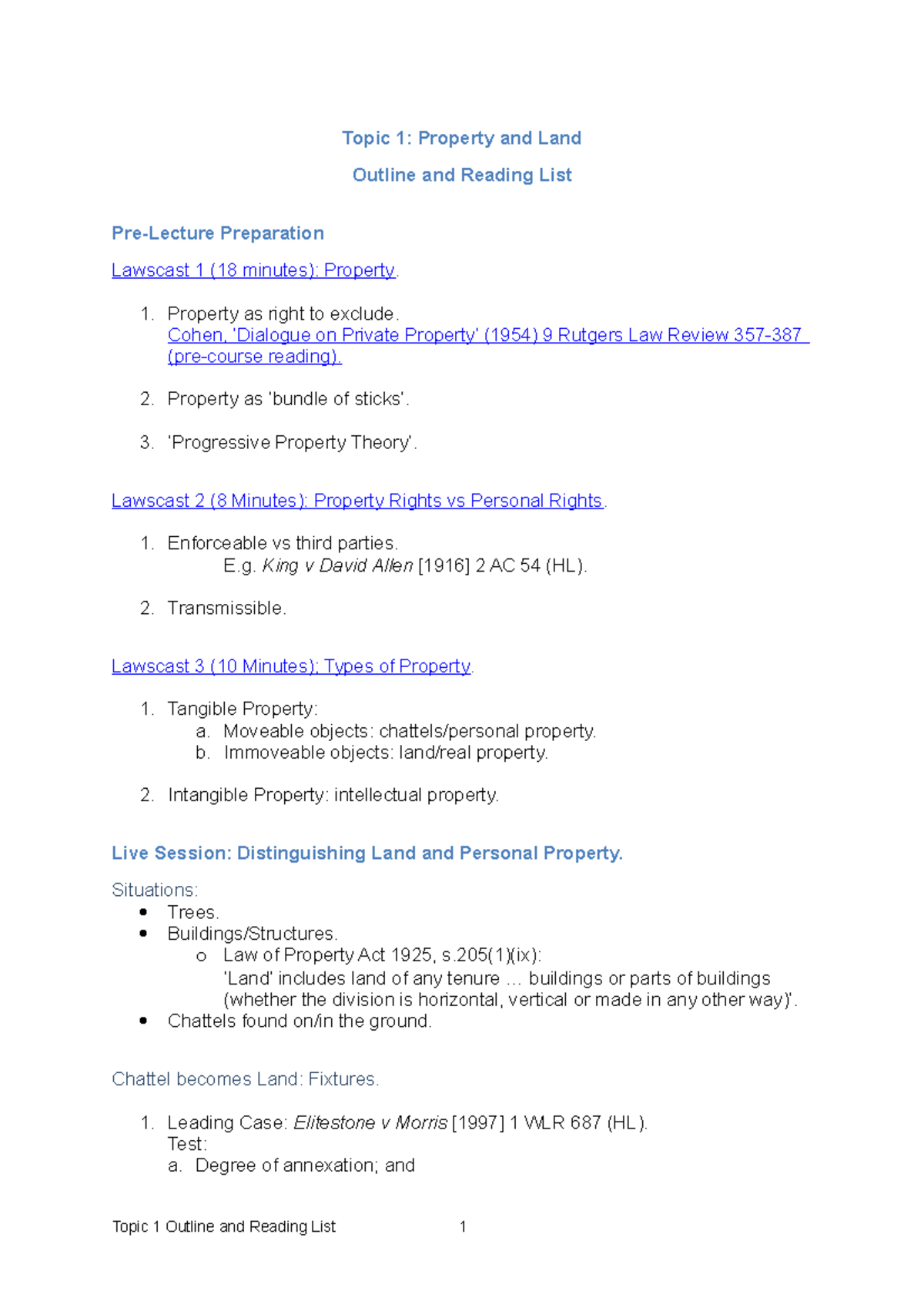 Topic 1 Outline and Reading - Property I - 2023 - Topic 1: Property and ...