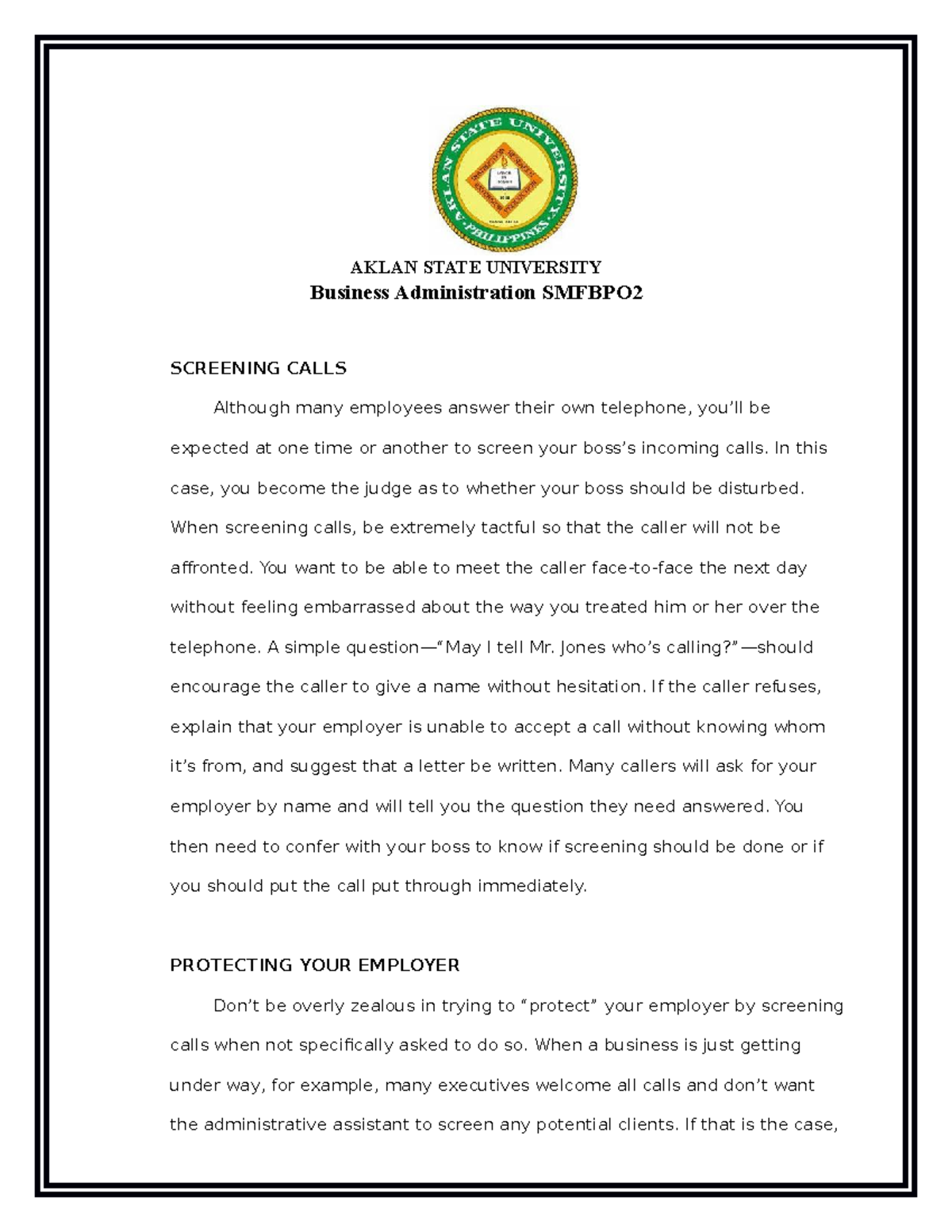 Smfbpo 2 Telephone Manners; Screening Calls - AKLAN STATE UNIVERSITY ...