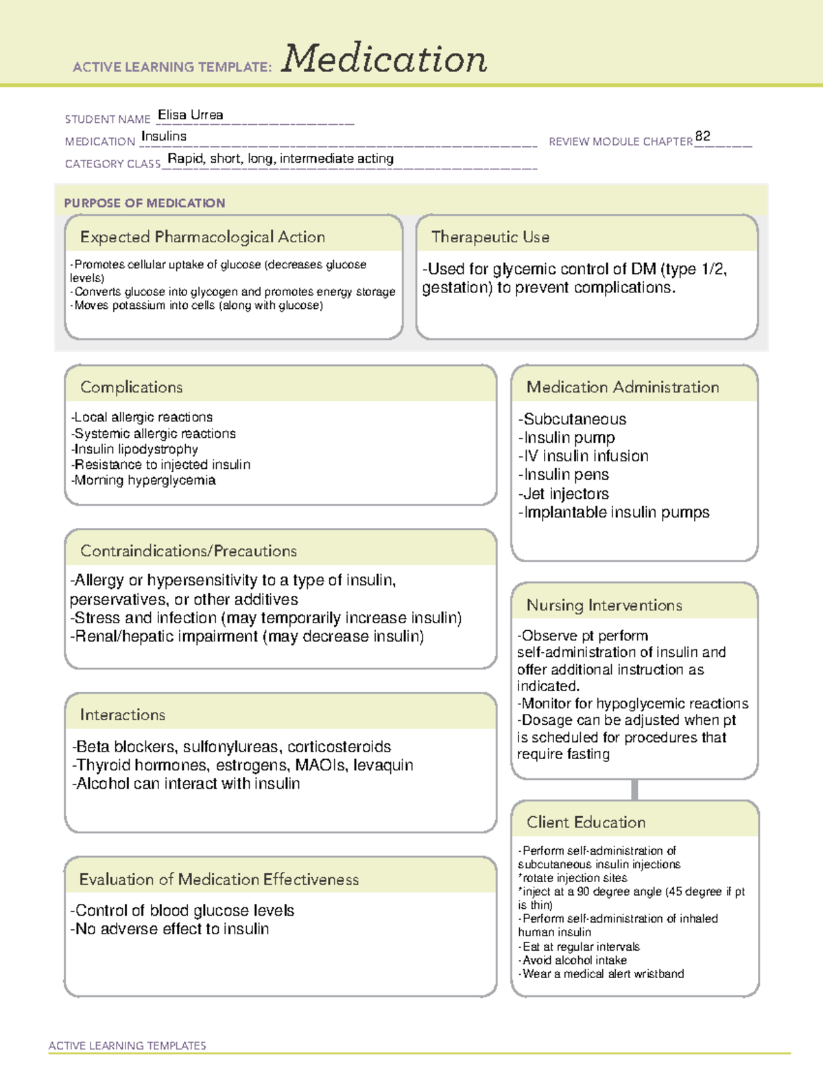 ATI Insulins Temp - ACTIVE LEARNING TEMPLATES Medication STUDENT NAME ...