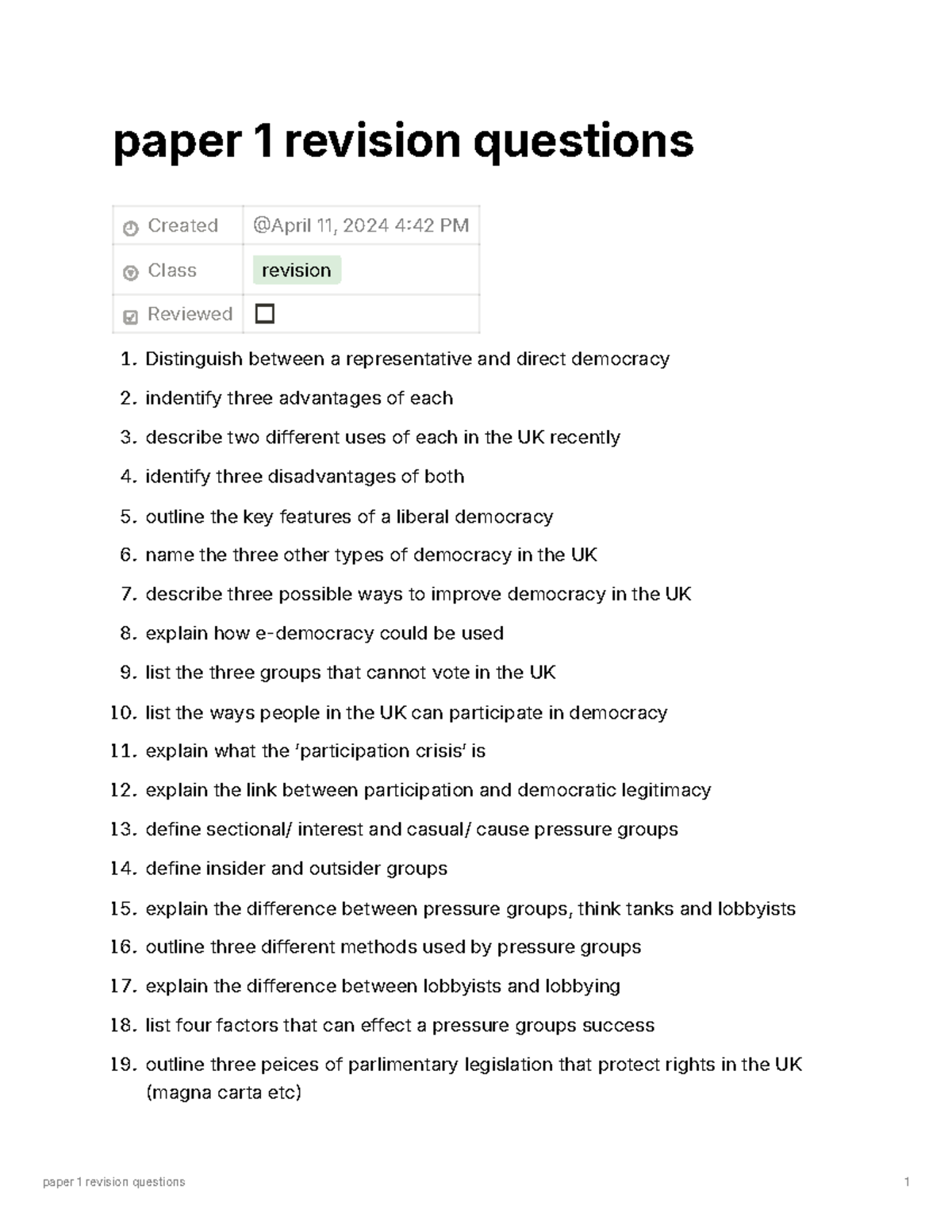 Paper 1 revision questions - paper 1 revision questions Created Class ...