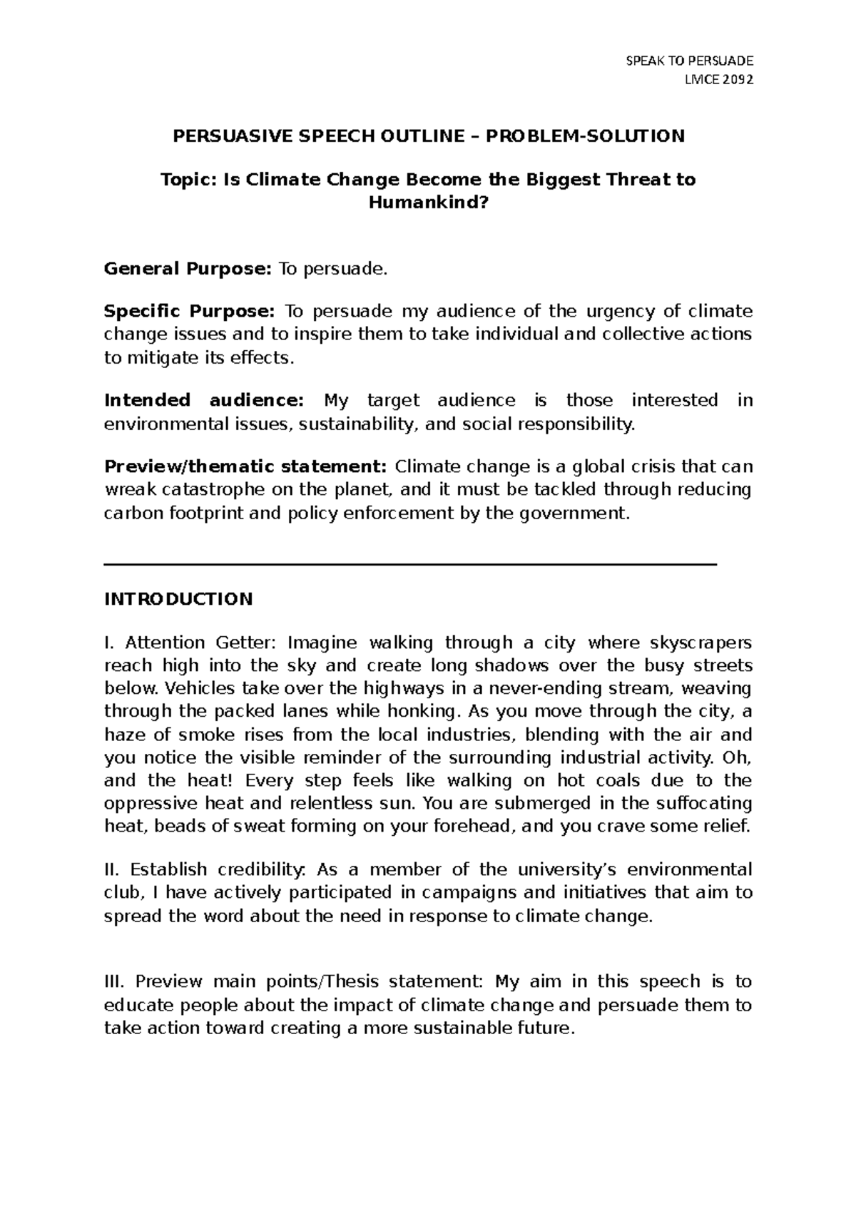 Speech Outline Problem-Solution - LMCE 2092 PERSUASIVE SPEECH OUTLINE ...