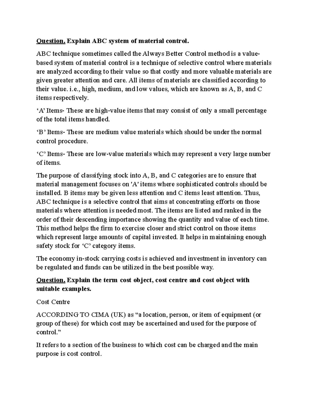 COST ACC Theory - NOTES - Question. Explain ABC system of material ...