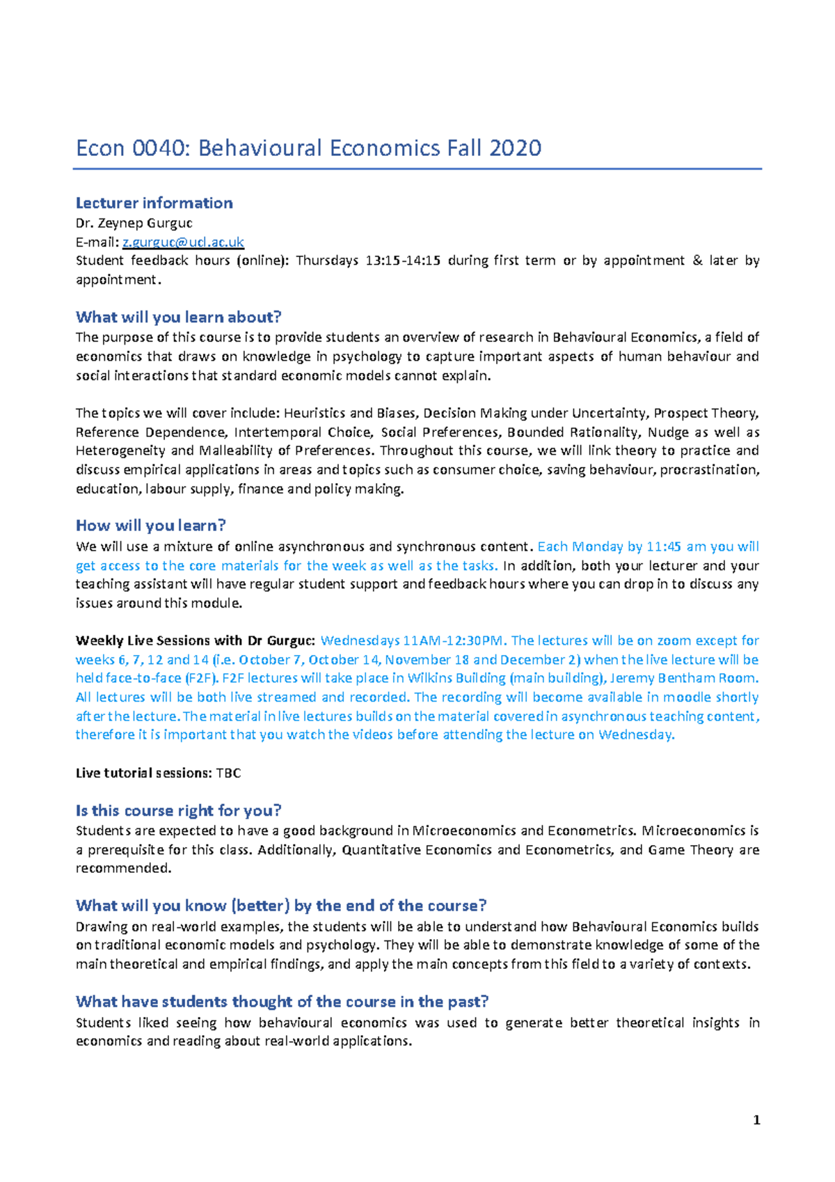 Behavior Economics Syllabus - 1 Econ 0040: Behavioural Economics Fall ...