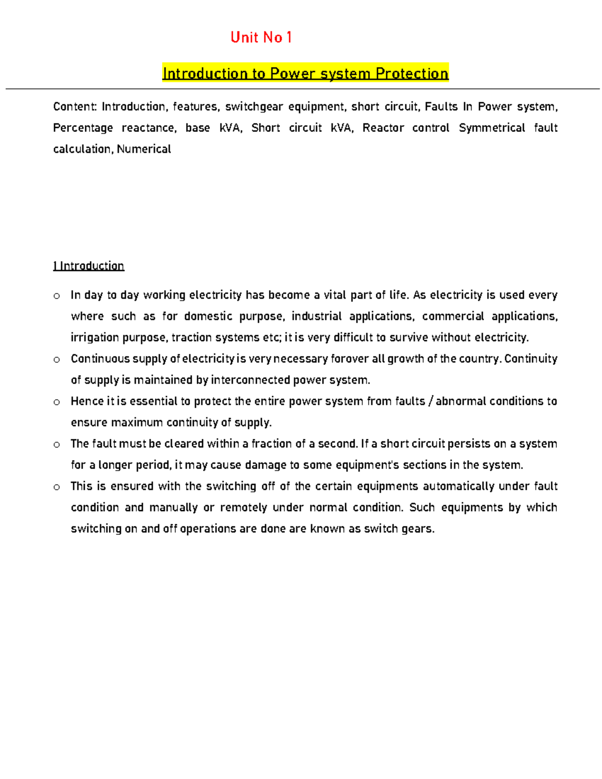 Notes PSP unit 1 - Unit No 1 Introduction to Power system Protection ...
