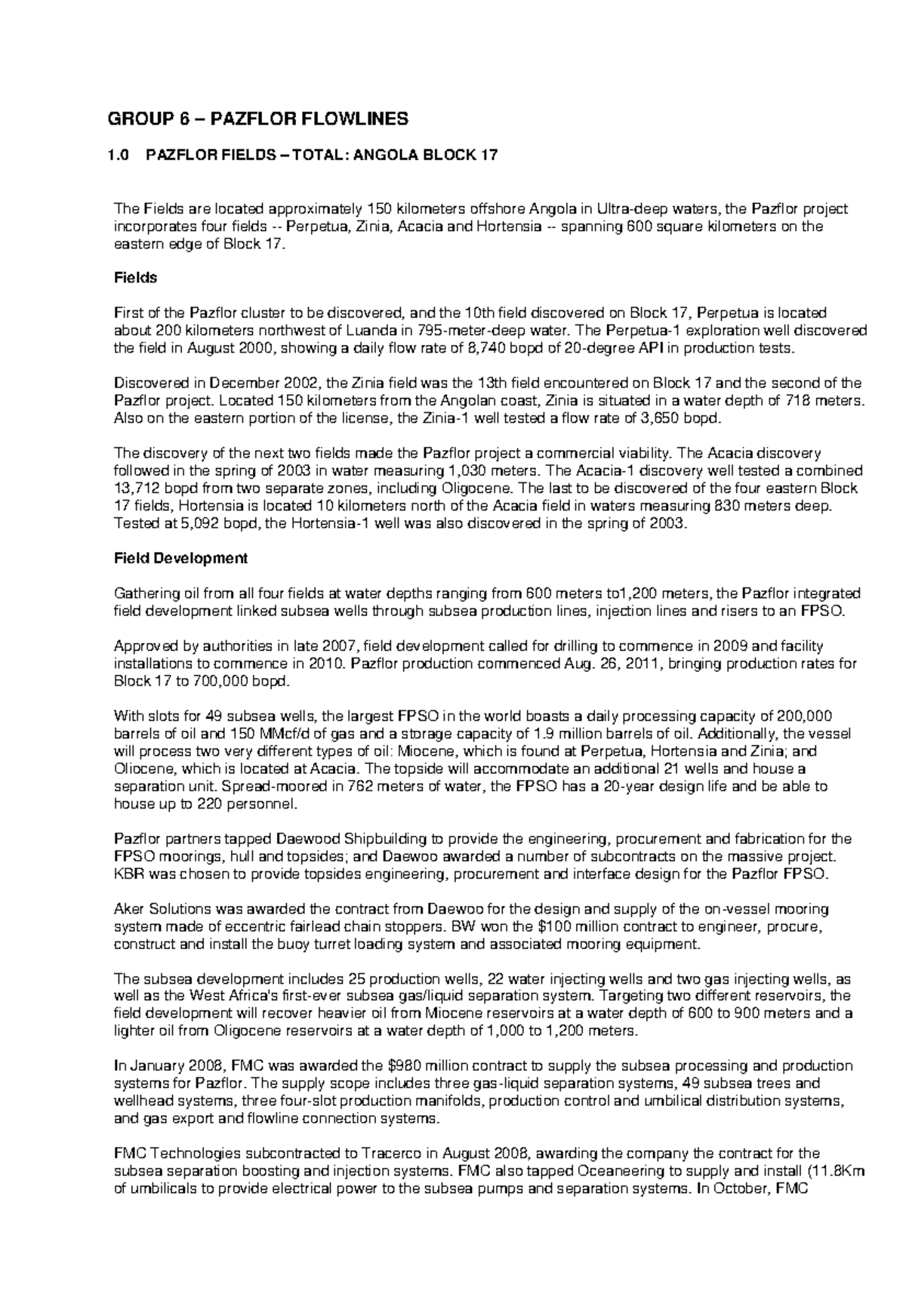 Workshop assignmen- Pazflor Flow Lines - GROUP 6 – PAZFLOR FLOWLINES 1 ...