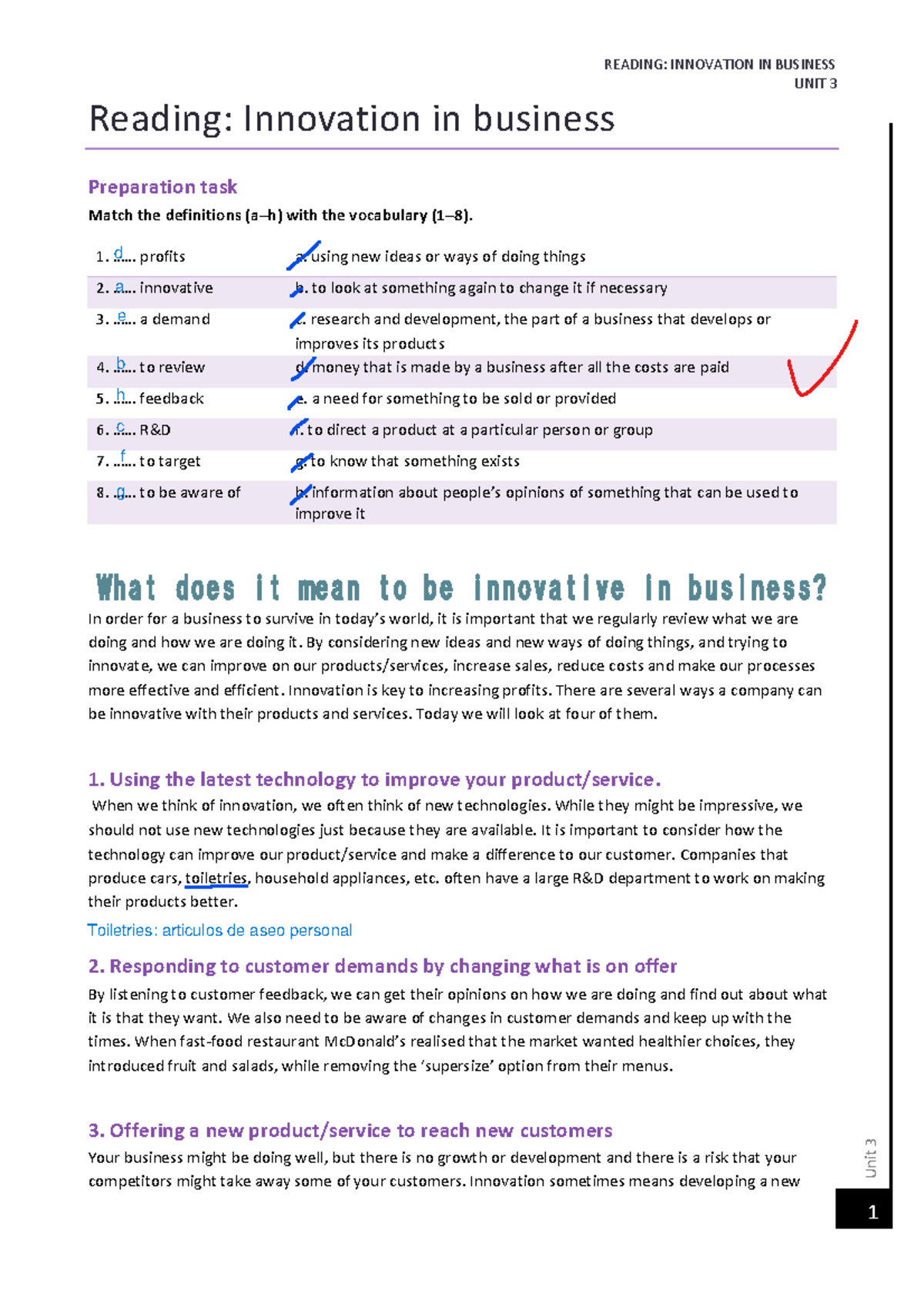 Reading Innovation in business - Unit 3 READING: INNOVATION IN BUSINESS ...