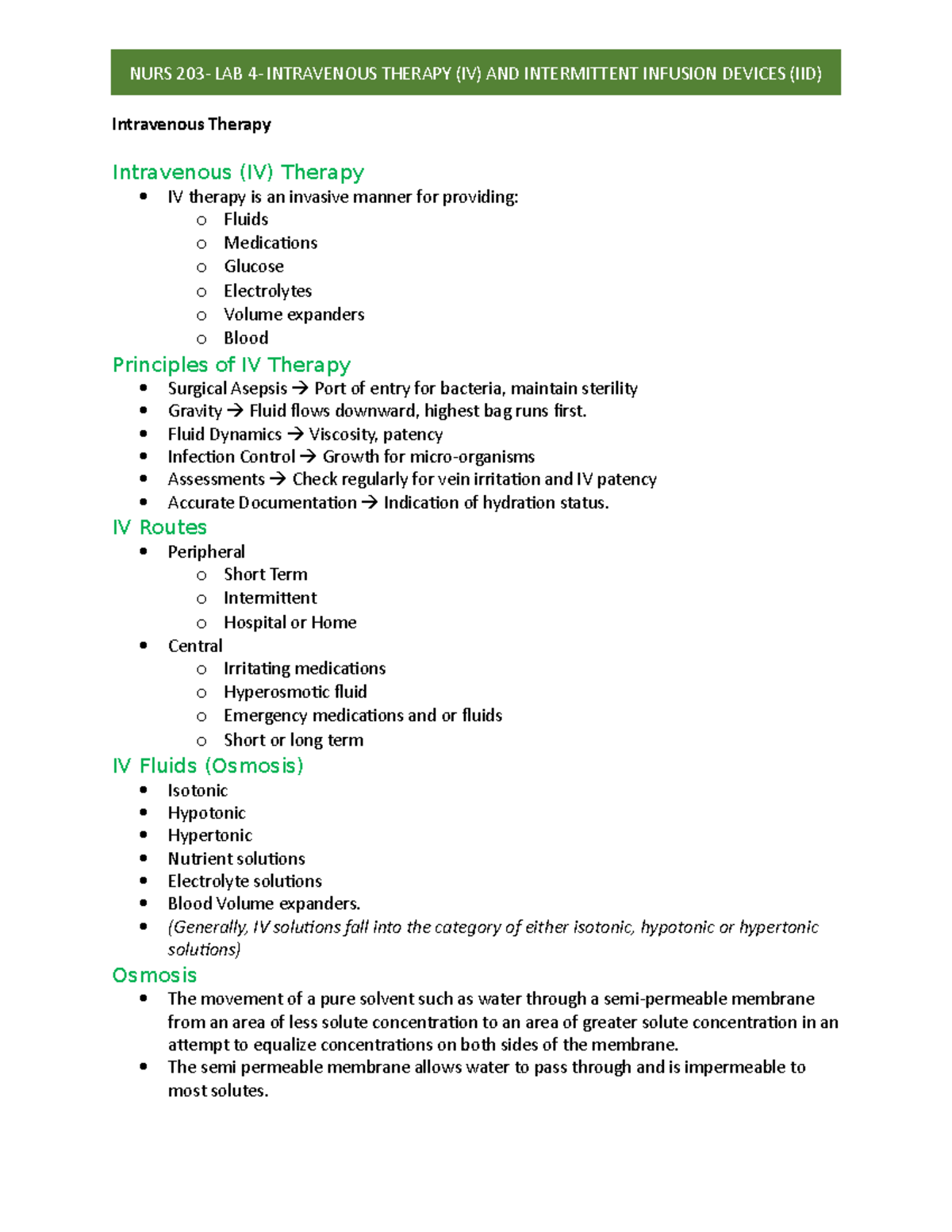 Lab 4- IV and IID - Lab 4 - Intravenous Therapy Intravenous (IV ...