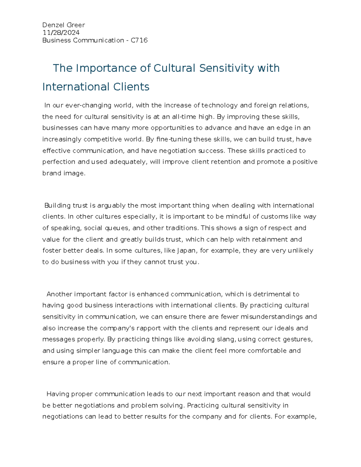 Cultural sensitivity essay - Denzel Greer 11/28/ Business Communication ...