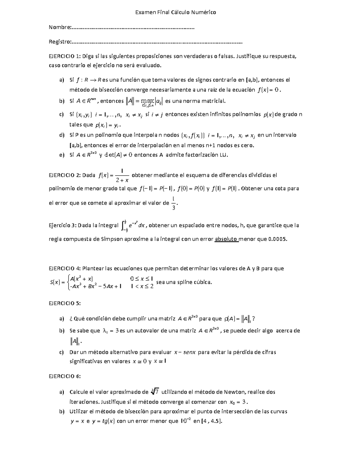 Final 1 - Examen Final C·lculo NumÈrico - Studocu
