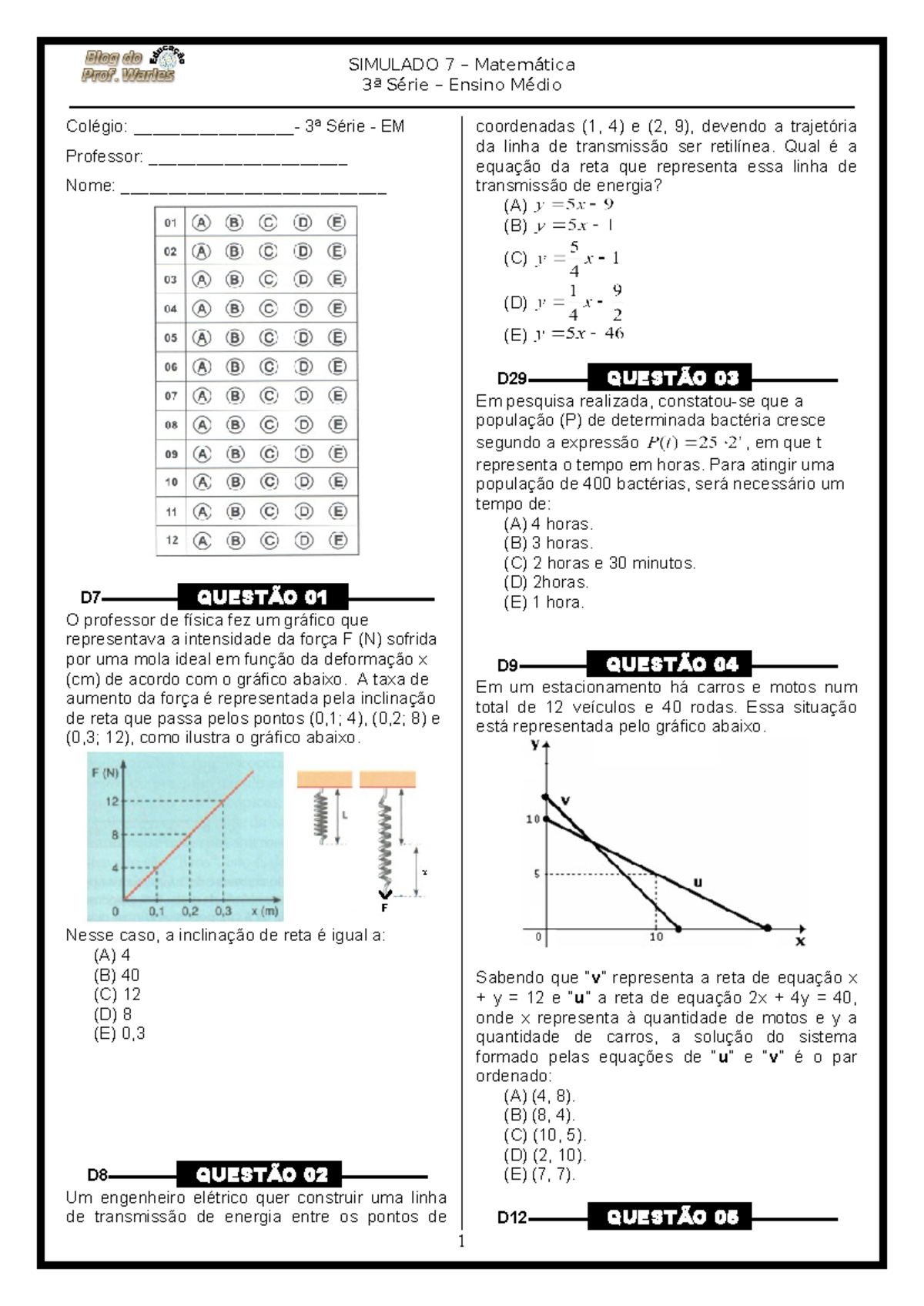 Simulado 7 - (Mat. 3ª série EM) - Blog do Prof. Warles - SIMULADO 7 ...