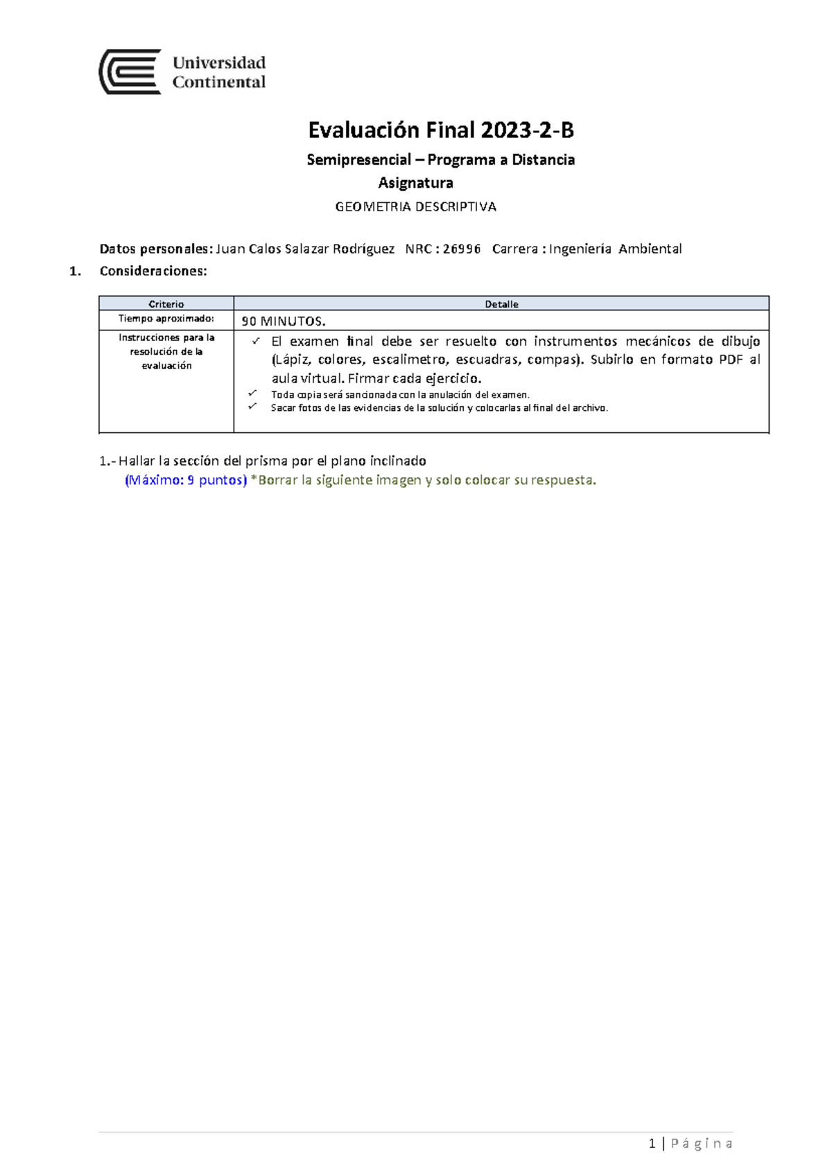 1 Geometria Descriptiva Evaluación Final 2023-b - Evaluación Final 2023-2-B Semipresencial ...