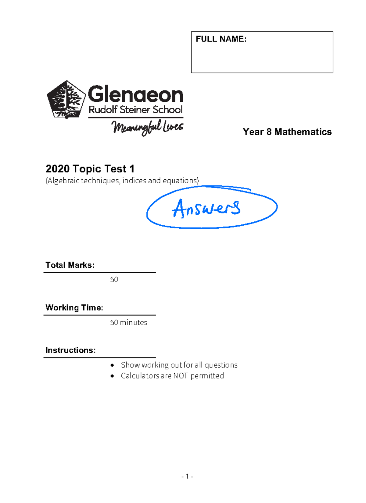 08 Maths Topic Test 1 solutions - Year 8 Mathematics 2020 Topic Test 1 ...