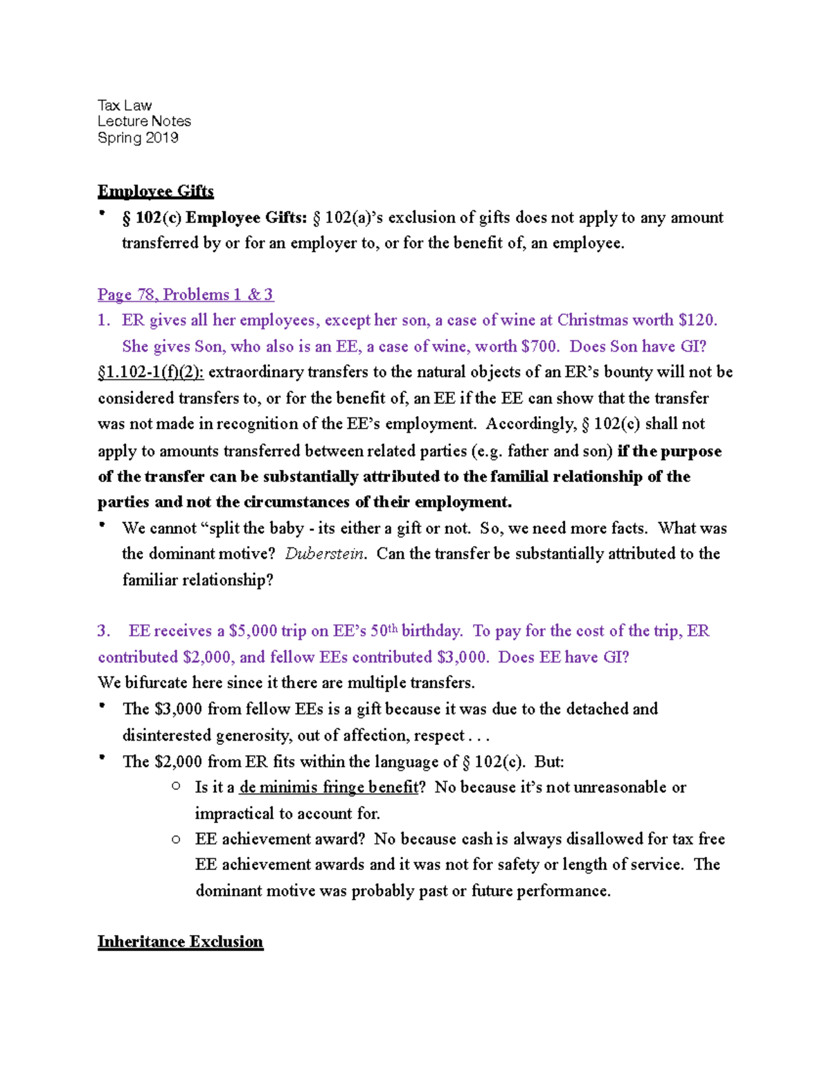 Inheritance Exclusion - Tax Law Lecture Notes Spring 2019 Employee ...