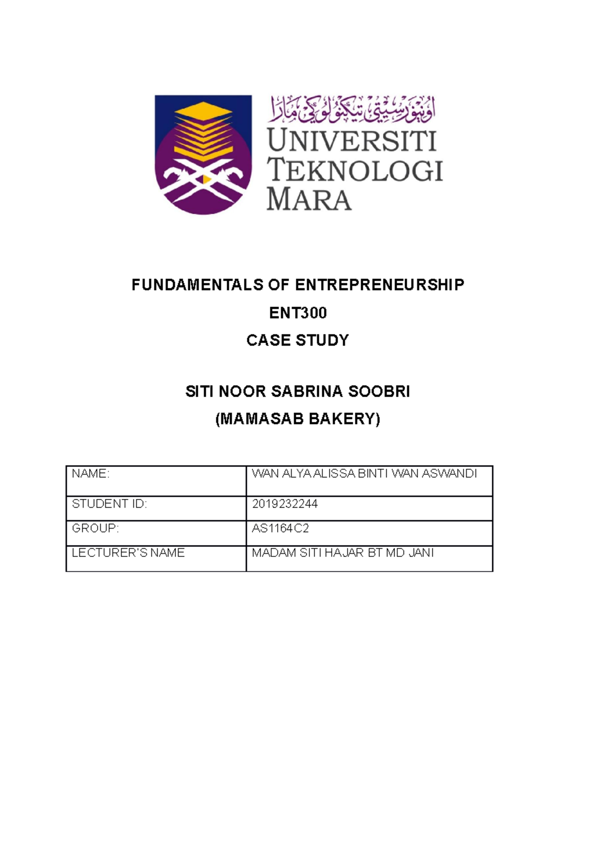 ASSIGNMENT ENT300 (INDIVIDUAL) - FUNDAMENTALS OF ENTREPRENEURSHIP ENT ...