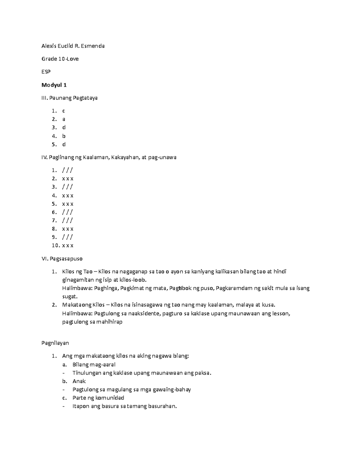 1-5 - addsjsj - Alexis Euclid R. Esmenda Grade 10-Love ESP Modyul 1 III. Paunang Pagtataya c a d ...