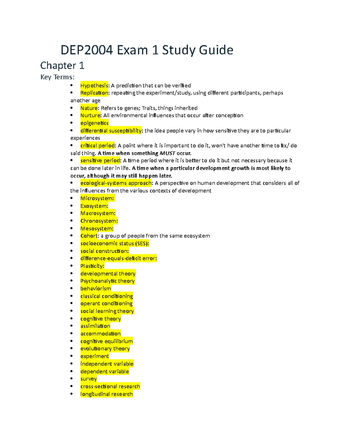 DEP2004 Exam 1 Study Guide - DEP2004 Exam 1 Study Guide Chapter 1 Key ...