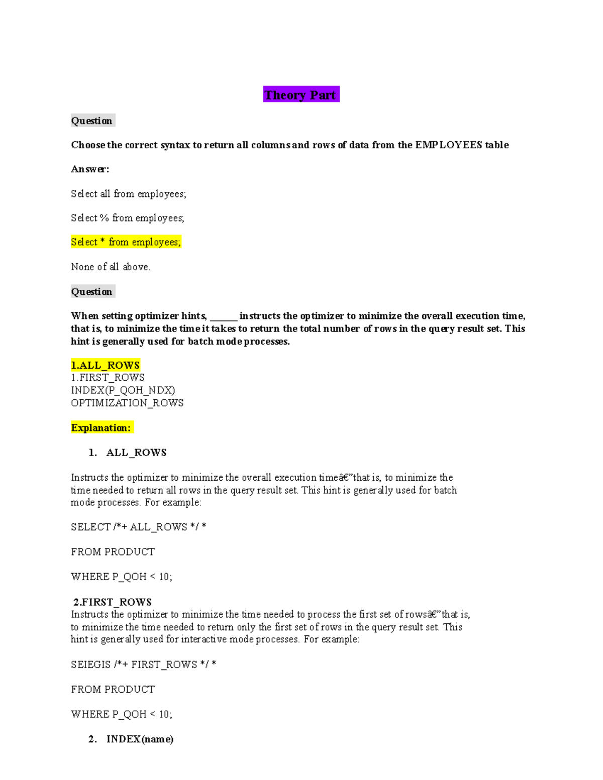 712 test Questions - Test - Theory Part Question Choose the correct ...