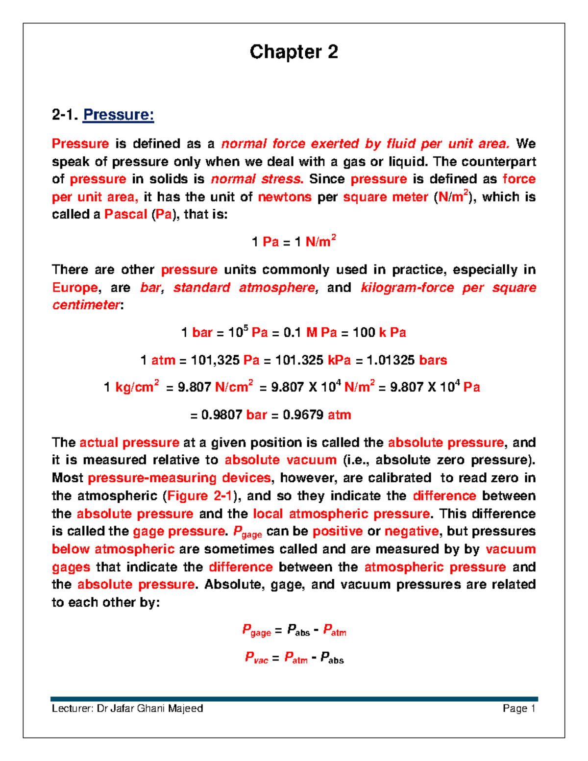 Fluid Statics and Pressure for Engineering - Chapter 2 2-1. Pressure ...