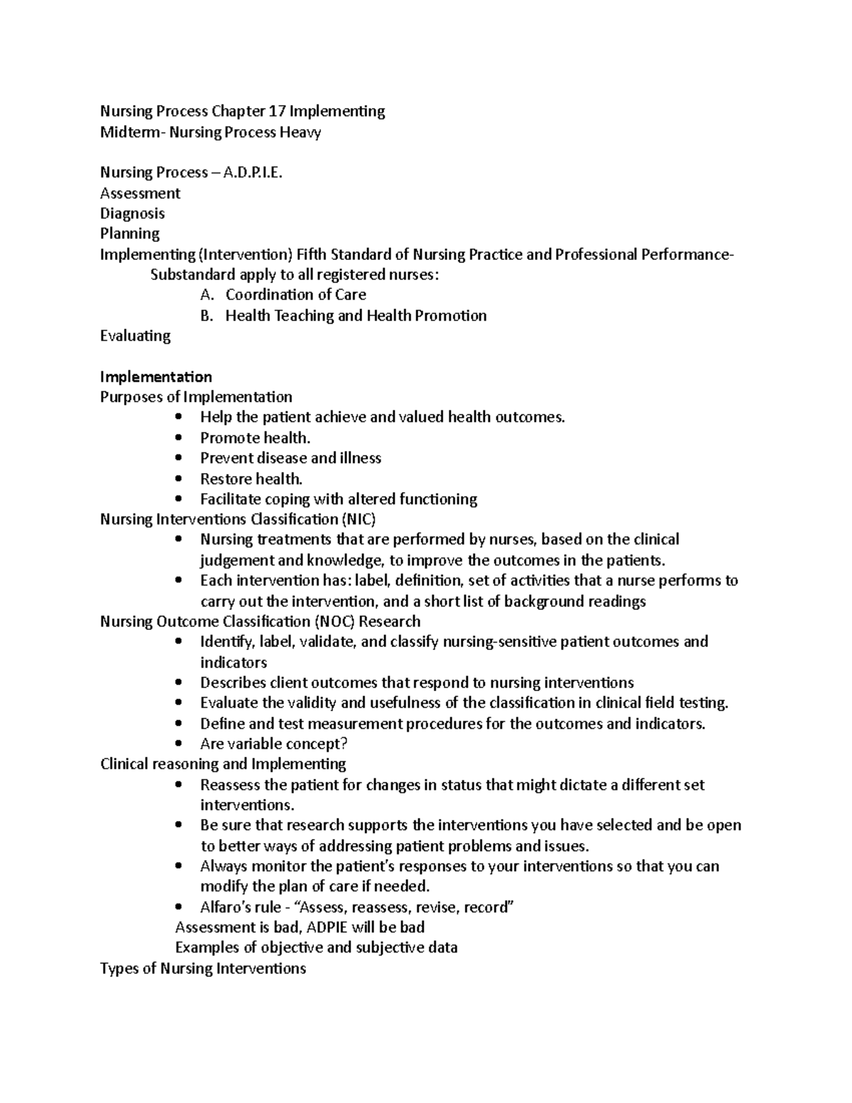 Nursing Process Chapter 17 Implementing - Nursing Process Chapter 17 Implementing Midterm ...