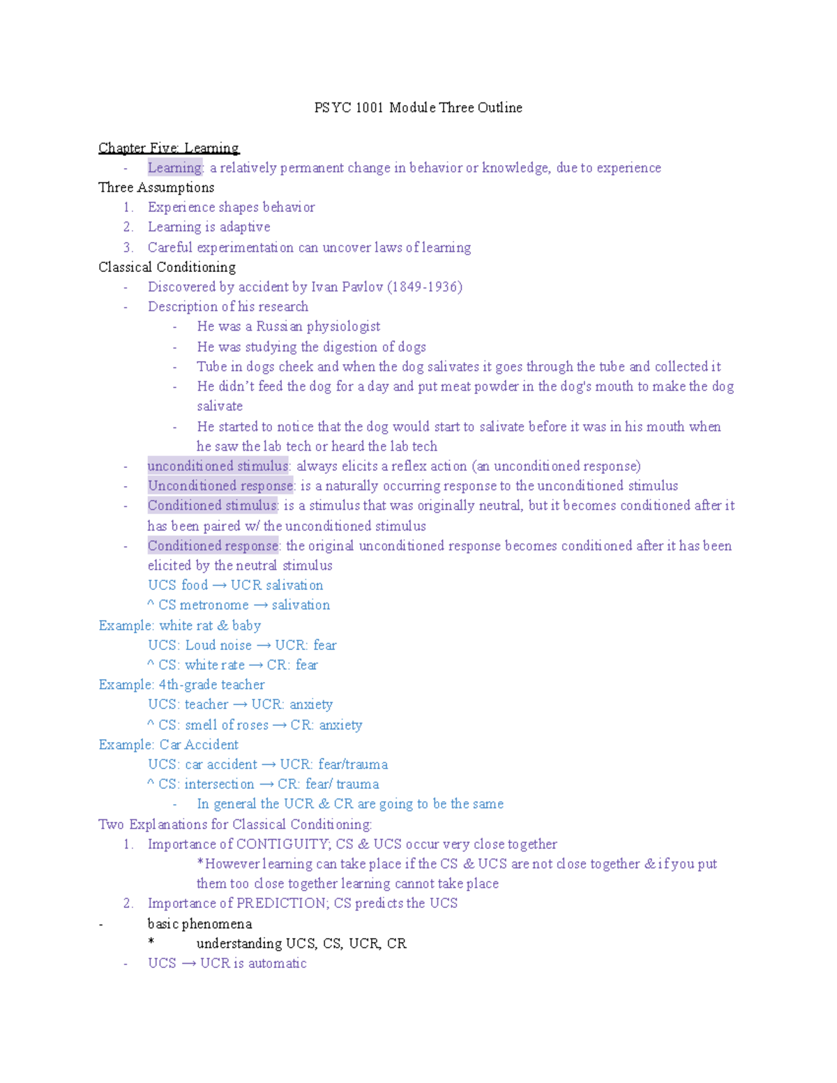 PSYC 1001 Module Three Outline - PSYC 1001 Module Three Outline Chapter Five: Learning ...