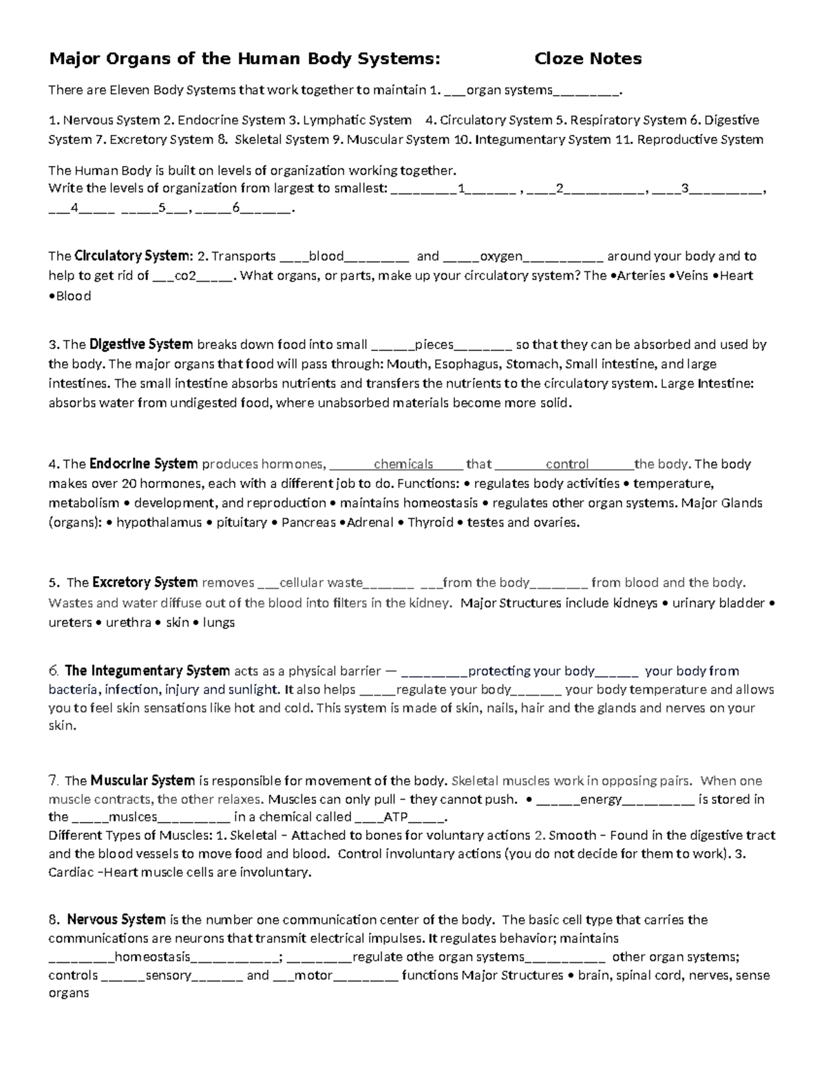 no not cool notes - Major Organs of the Human Body Systems: Cloze Notes ...
