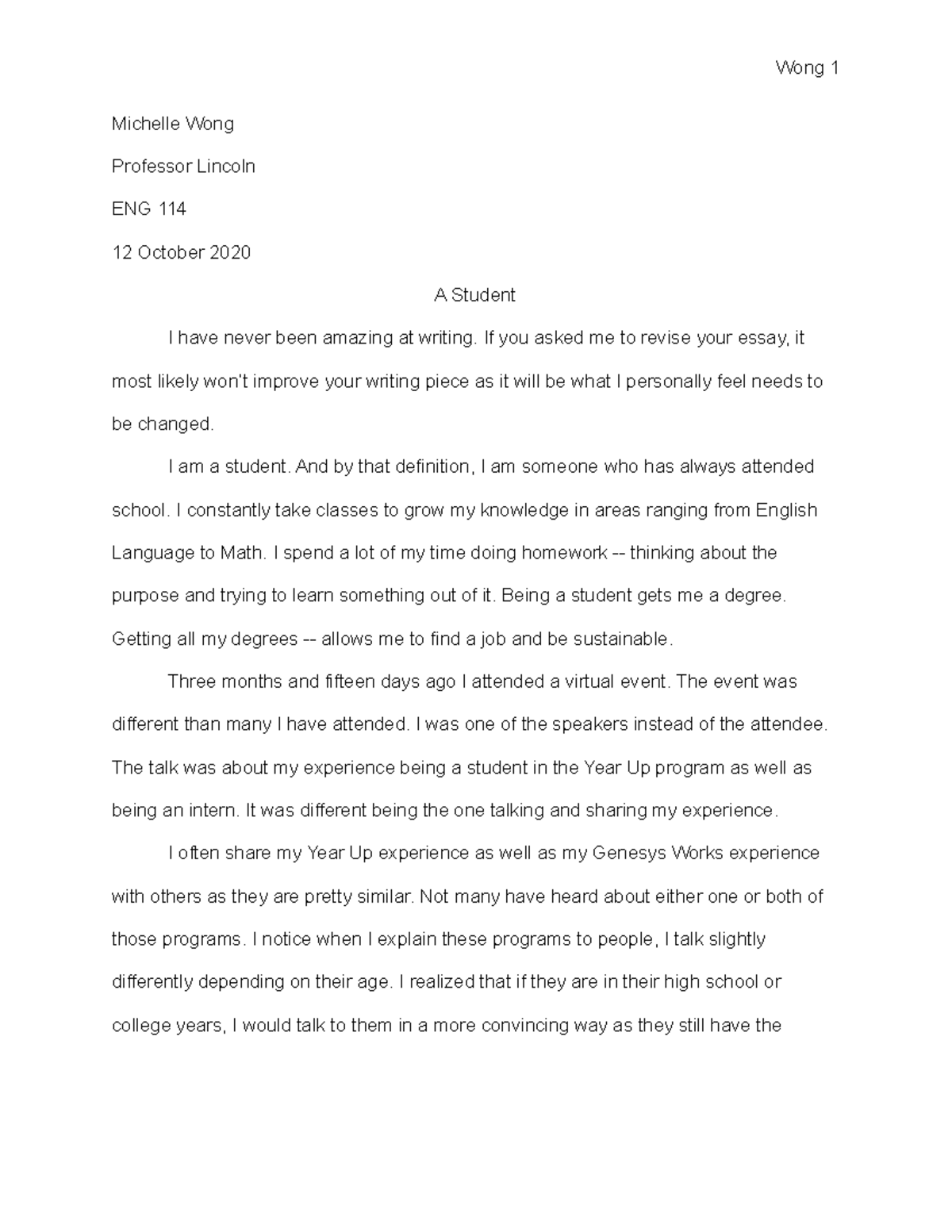 Creative Writing Imitation Assignment Piece - Wong 1 Michelle Wong ...