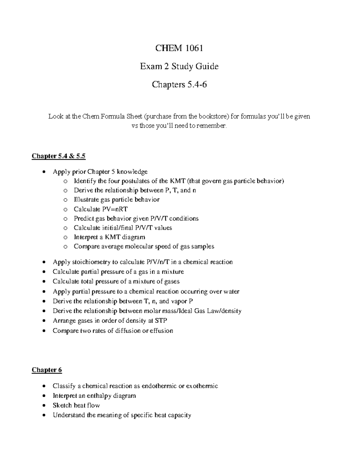 Exam 2 Study Guide - CHEM 1061 Exam 2 Study Guide Chapters 5- Look at ...