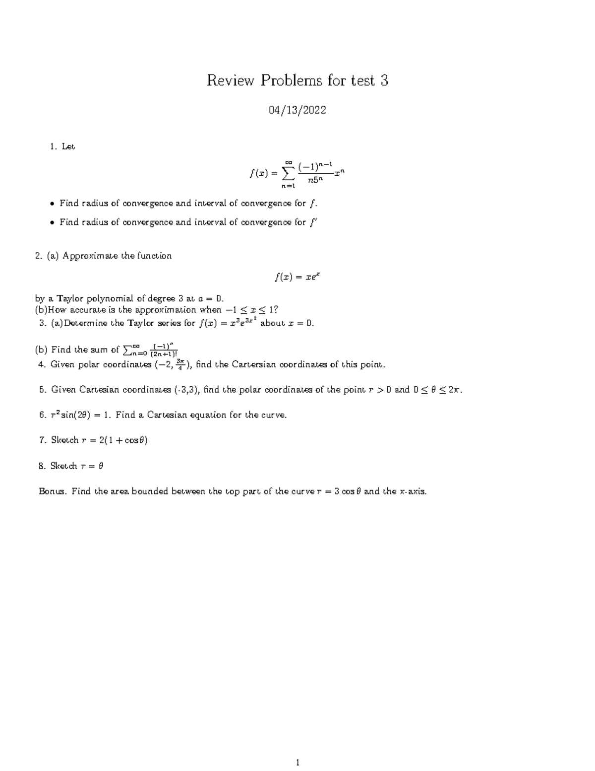 Review Problems Test 3 - Review Problems for test 3 04/13/ Let f (x ...