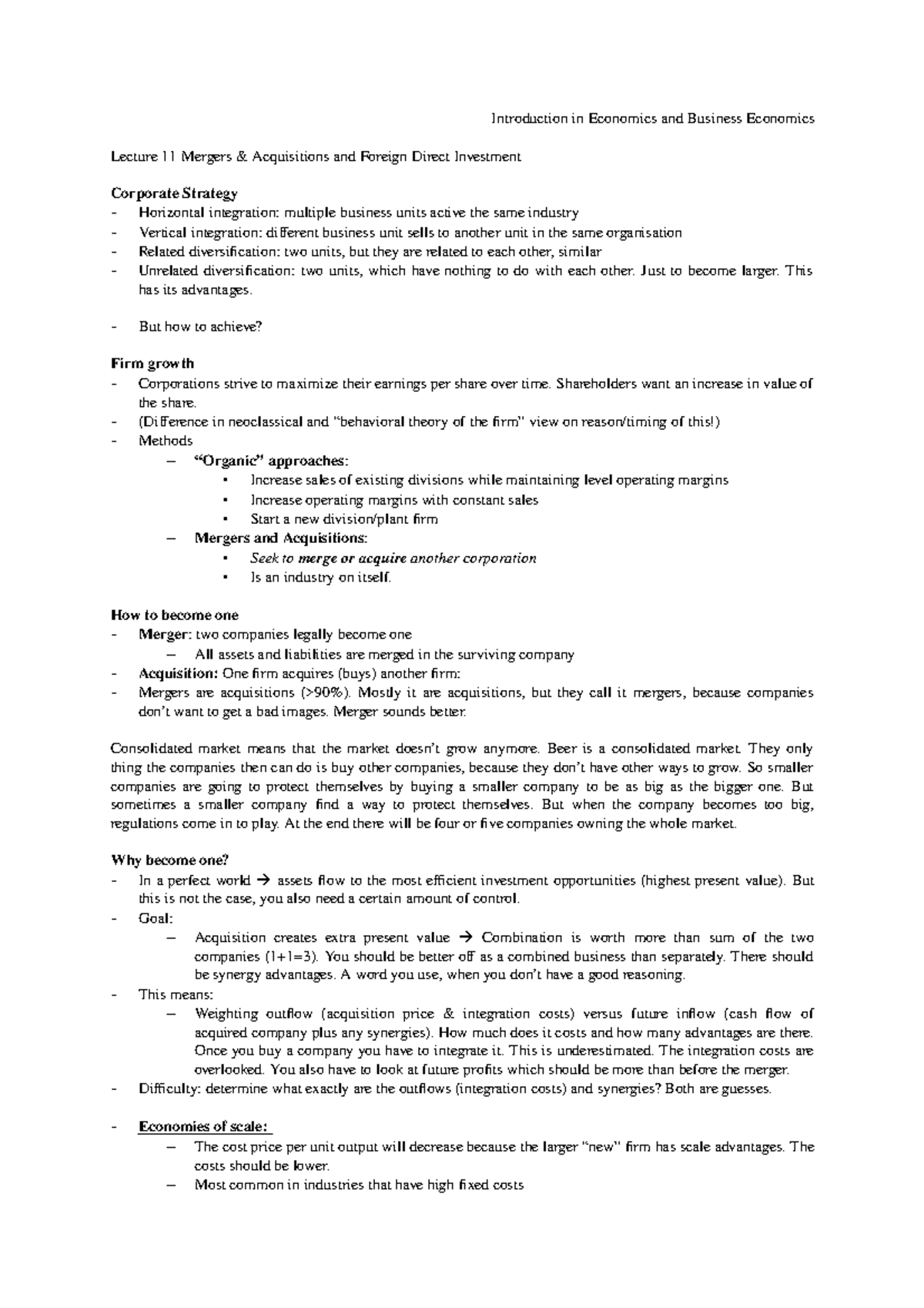 Lecture 11 M&A and FDI - College-aantekeningen 11 - Introduction in ...