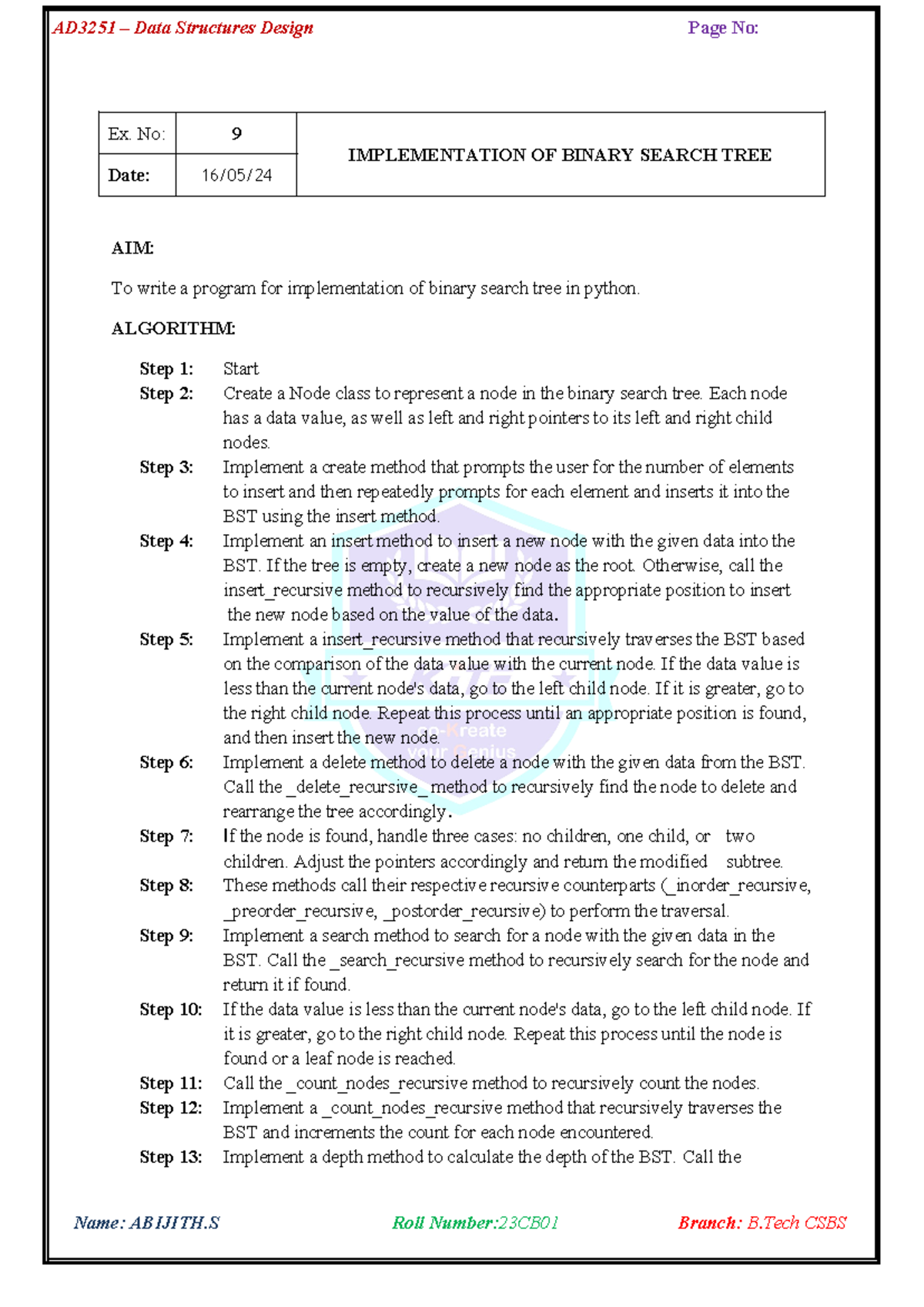 Practical Notes Using Python Data Structure Ex No 9 Implementation Of Binary Search Tree
