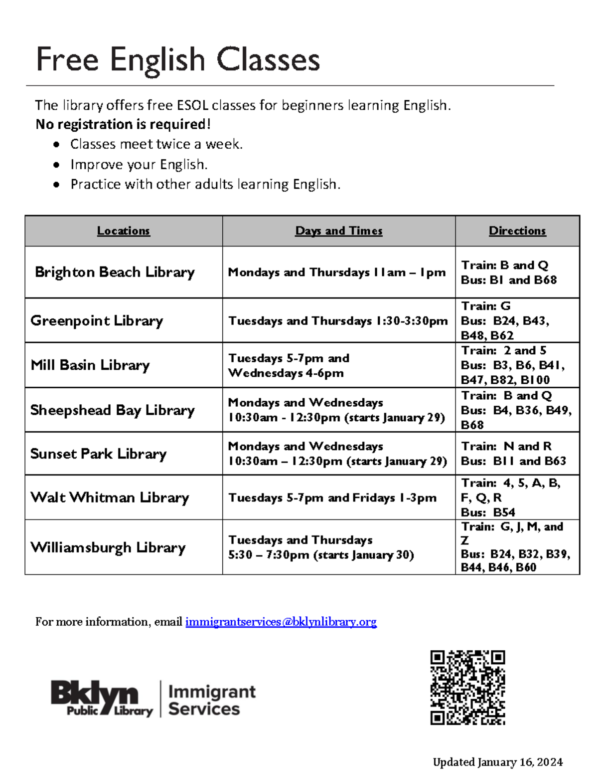 Welcome ESOL Class Winter Schedule 2023-2024 - Free English Classes The ...
