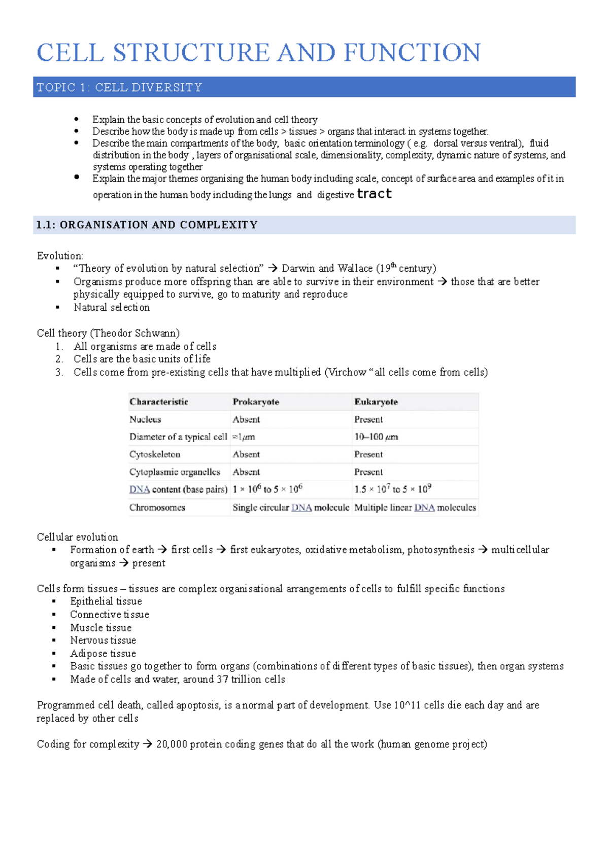 Unit notes - CELL STRUCTURE AND FUNCTION TOPIC 1: CELL DIVERSITY ...
