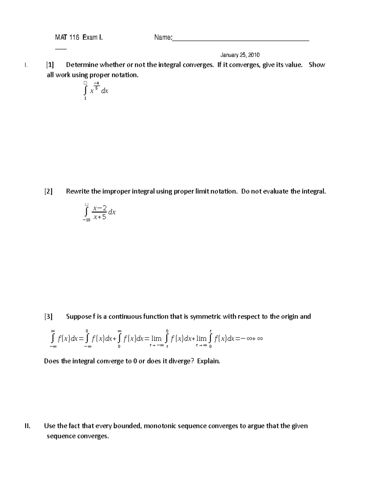 116 Exam I - Test - MAT 116 Exam I. Name: January 25, 2010 I. [1 ...