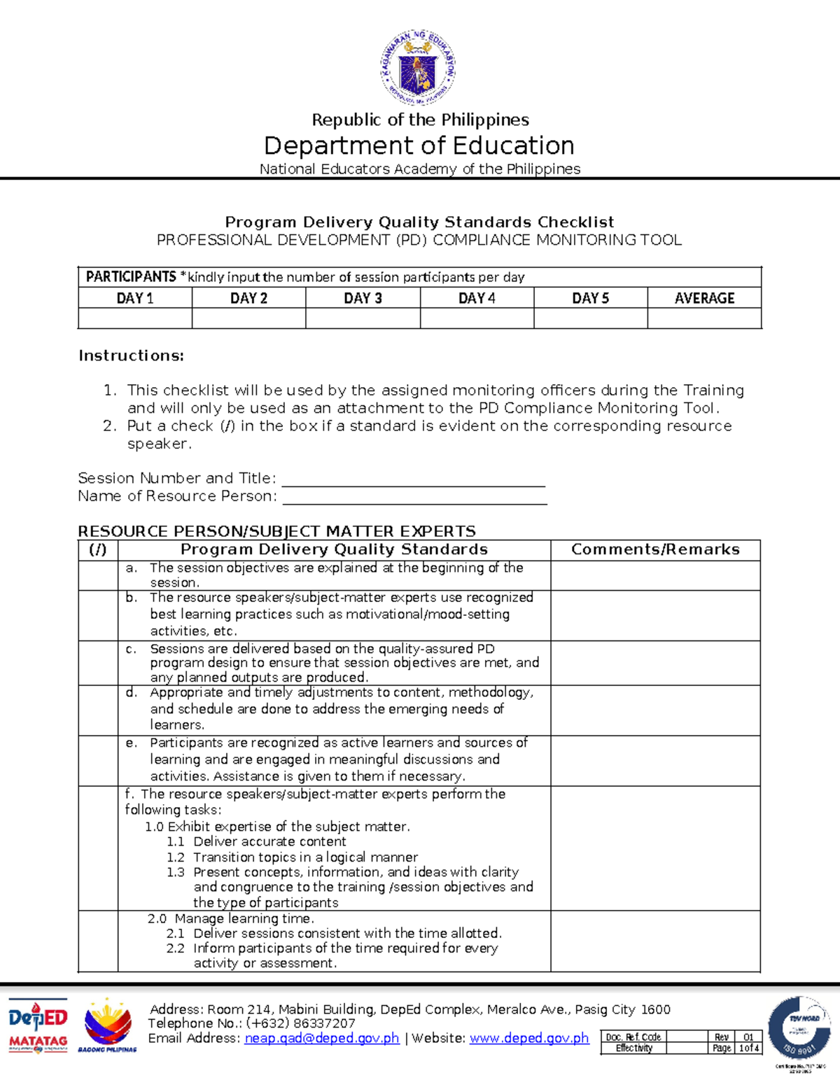 Standards Checklists FOR PD Compliance 1 - Doc. Ref. Code Rev 01 ...
