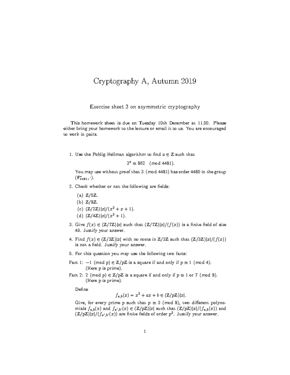 Exercises 7 - Exercise Sheet 7 - Cryptography A, Autumn 2019 Exercise ...
