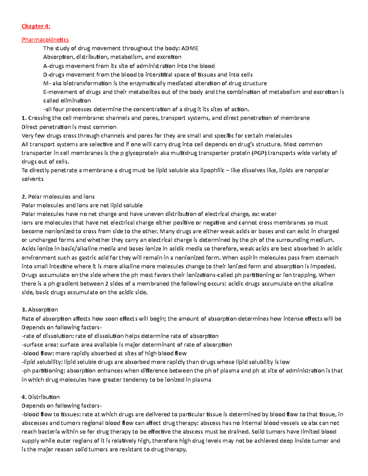Chapter 1-10 notes - Chapter 4: Pharmacokinetics The study of drug ...