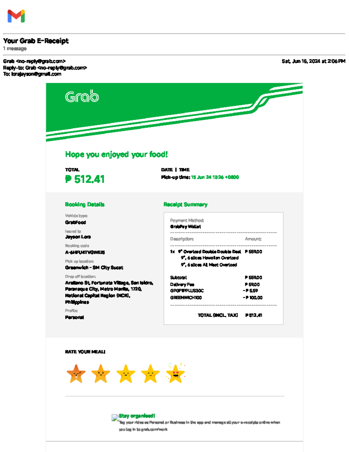 Gmail - Your Grab E-Receipt - Your Grab E-Receipt 1 message Grab Sat ...